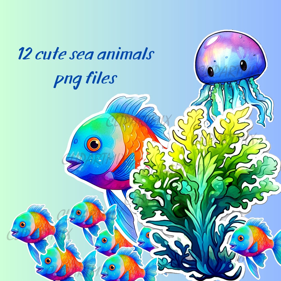 Watercolor Cute Sea Animal Clipart, Under the Sea Clip Art, 12 PNG ...