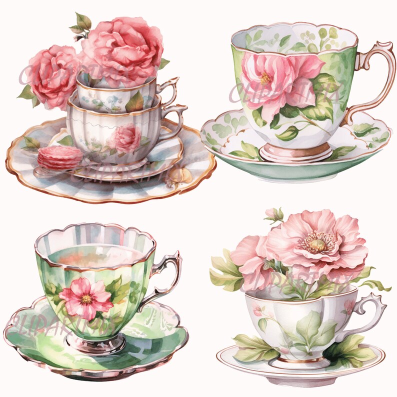 Clipart Watercolour Floral Cups PNG, Scrapbooking Clipart Set, Junk ...