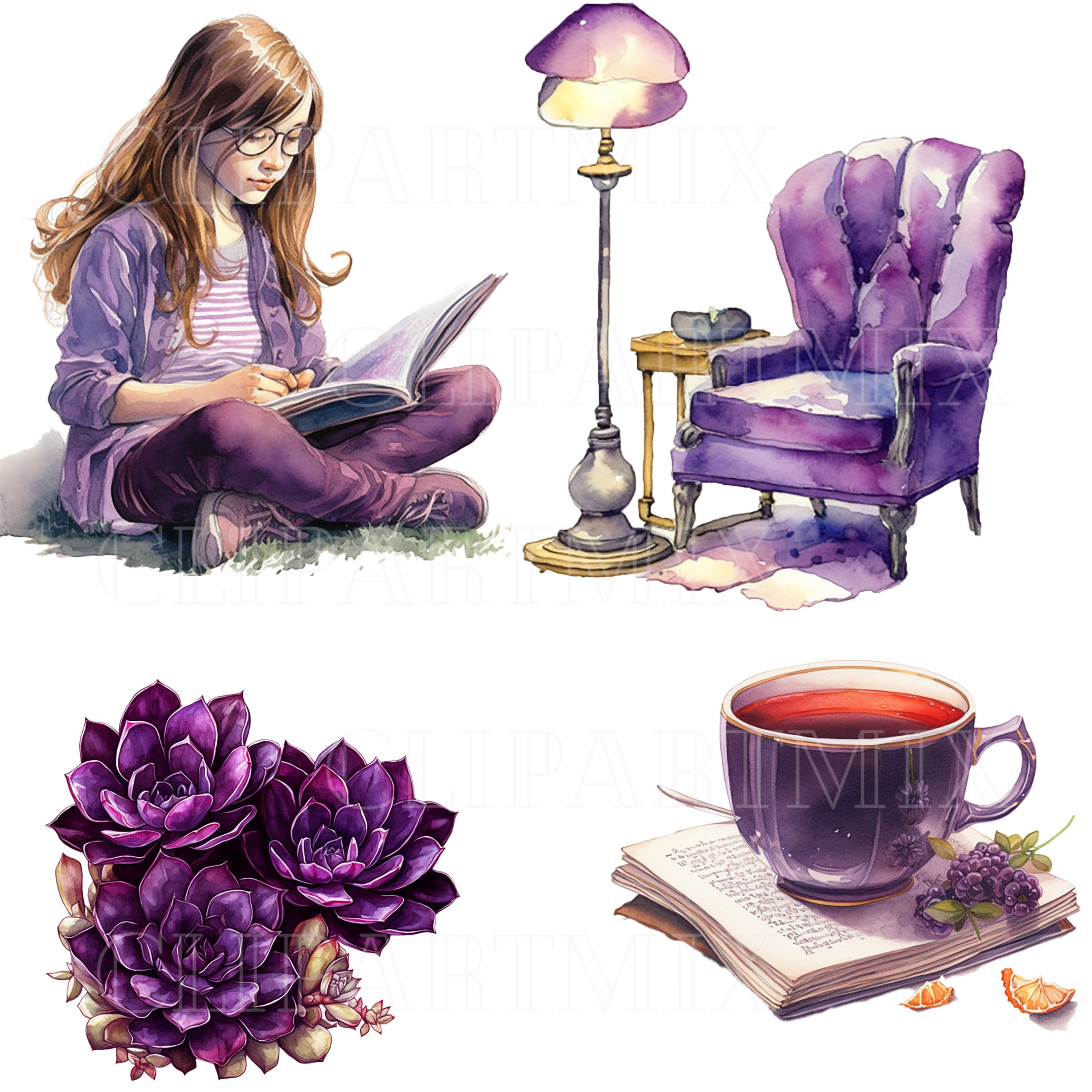 Watercolour Purple Book Set Clipart, Bookshelf, Bookcase, Png, Library ...