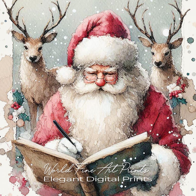 Santa Claus With Reindeer Watercolor Print, Christmas Wall Art, Winter ...