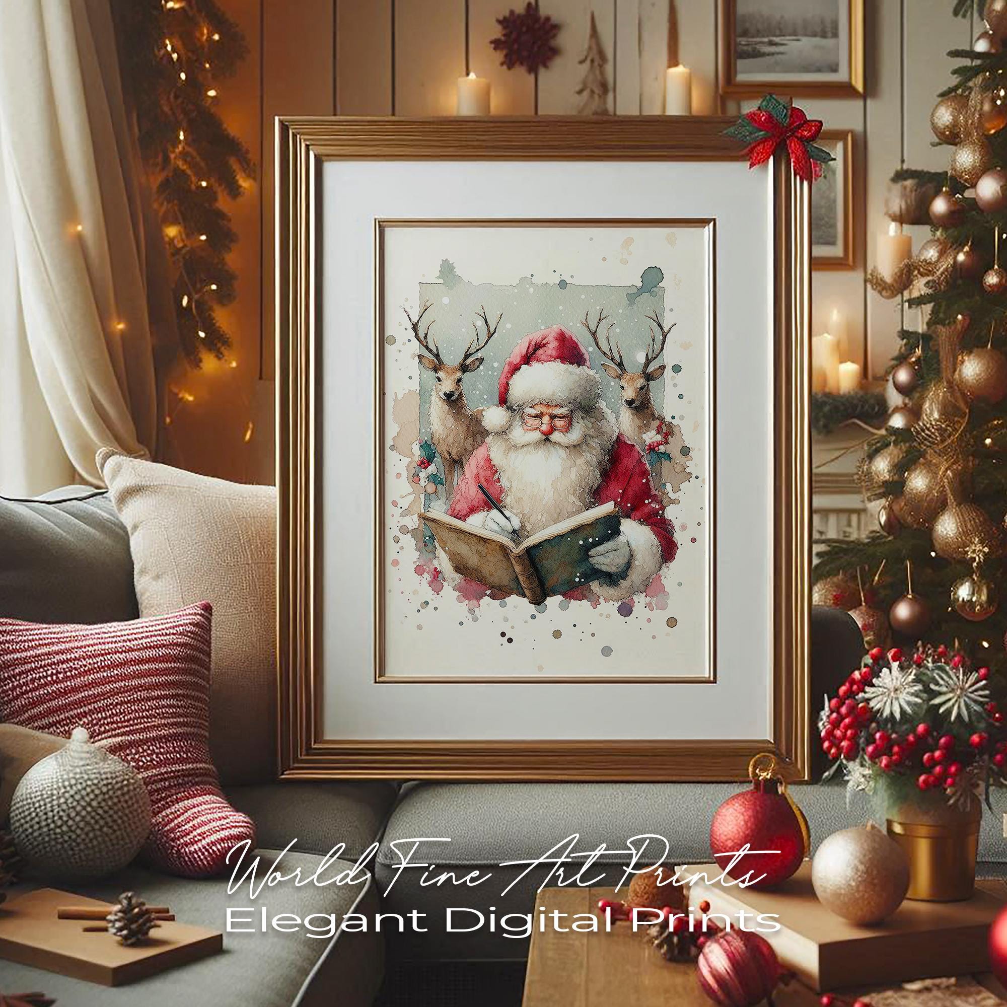 Santa Claus With Reindeer Watercolor Print, Christmas Wall Art, Winter ...
