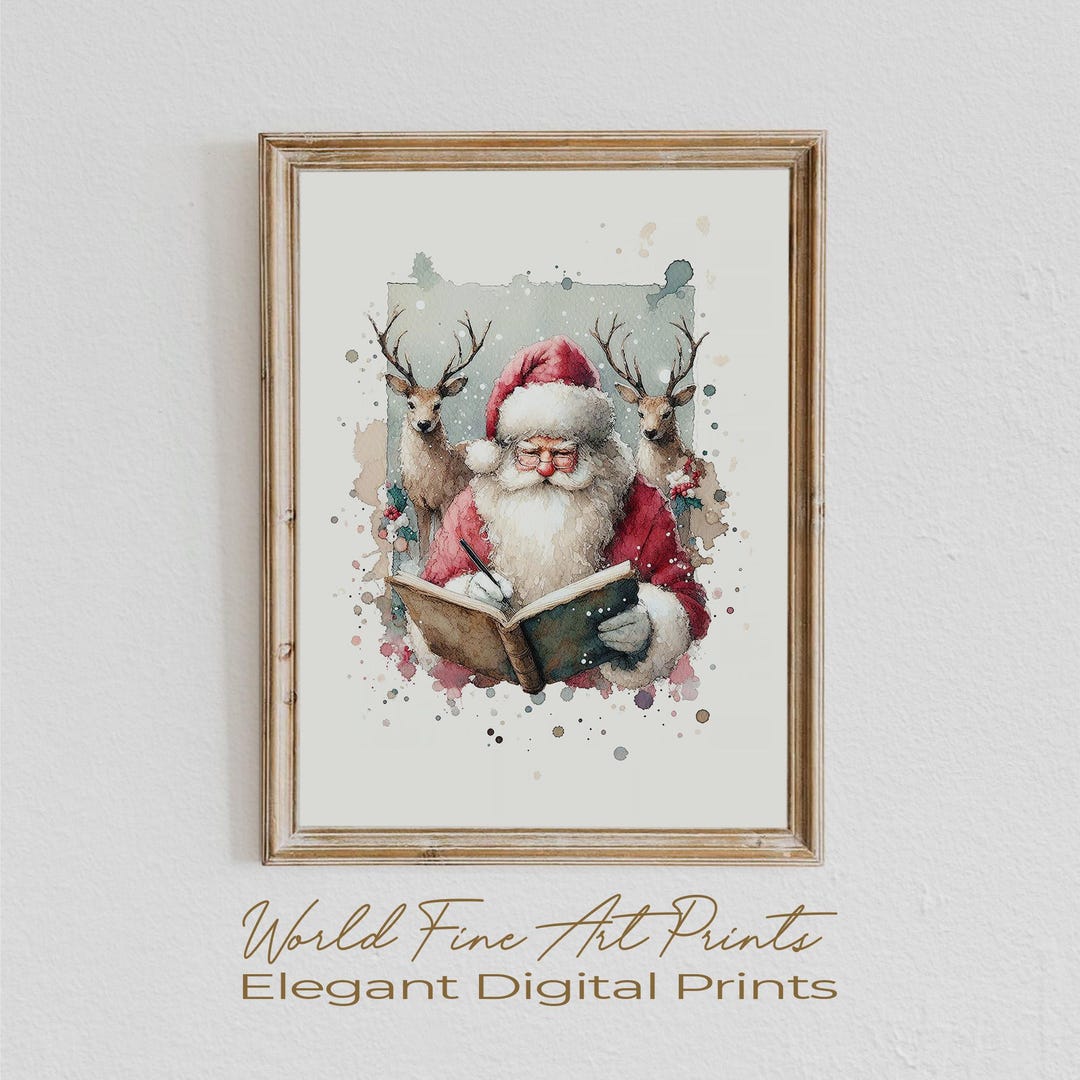 Santa Claus With Reindeer Watercolor Print, Christmas Wall Art, Winter ...