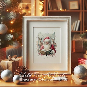 Santa Claus With Reindeer Watercolor Print, Christmas Wall Art, Winter ...