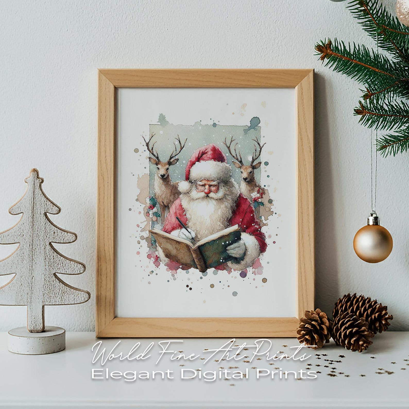Santa Claus With Reindeer Watercolor Print, Christmas Wall Art, Winter ...