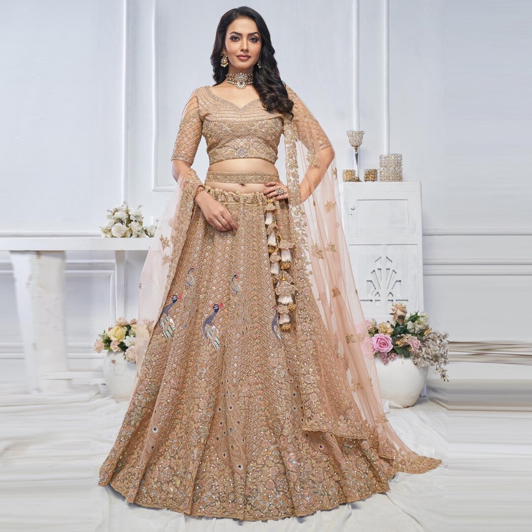 Heavy Embroidered Bridal Lehenga Set With Peacock Motifs, Scalloped ...