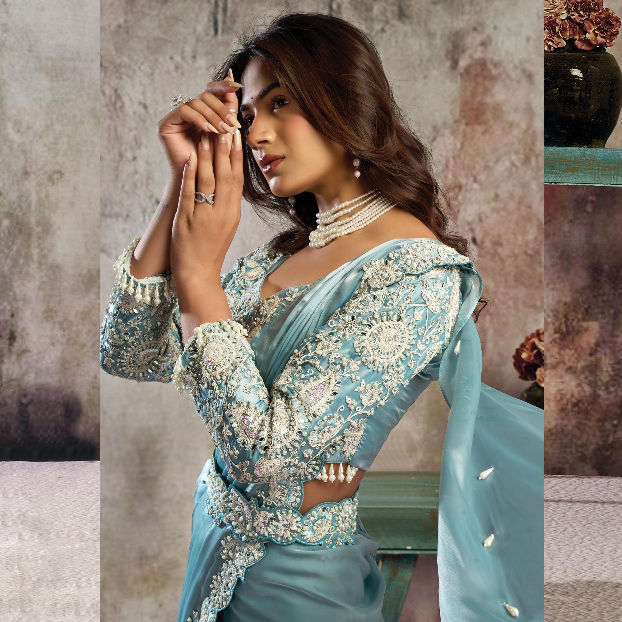 Ice Blue Satin Saree With Pearl & Mirror Blouse - Boho Wedding - Etsy