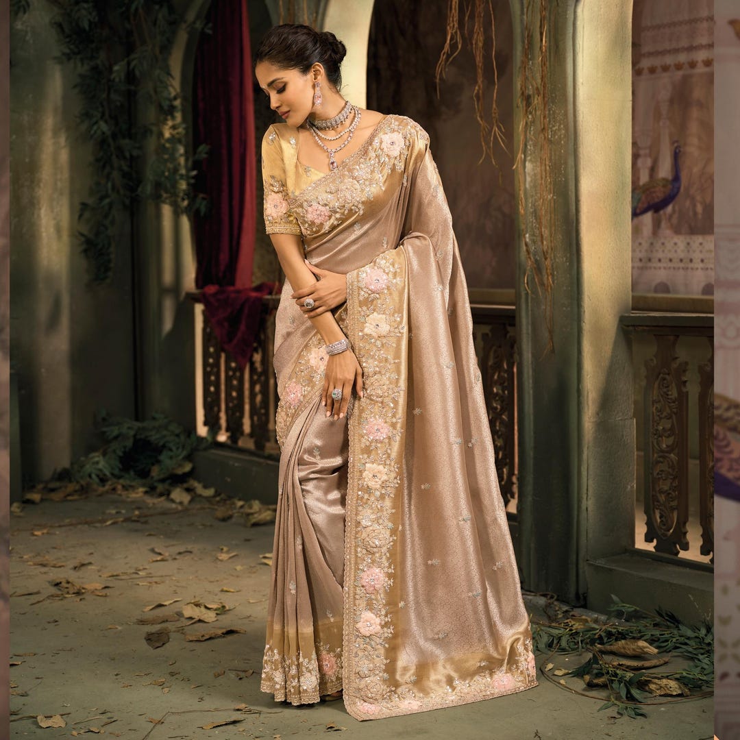 Peach Ziraf Silk Saree With Gold Blouse | Bollywood Wedding Sari - Etsy