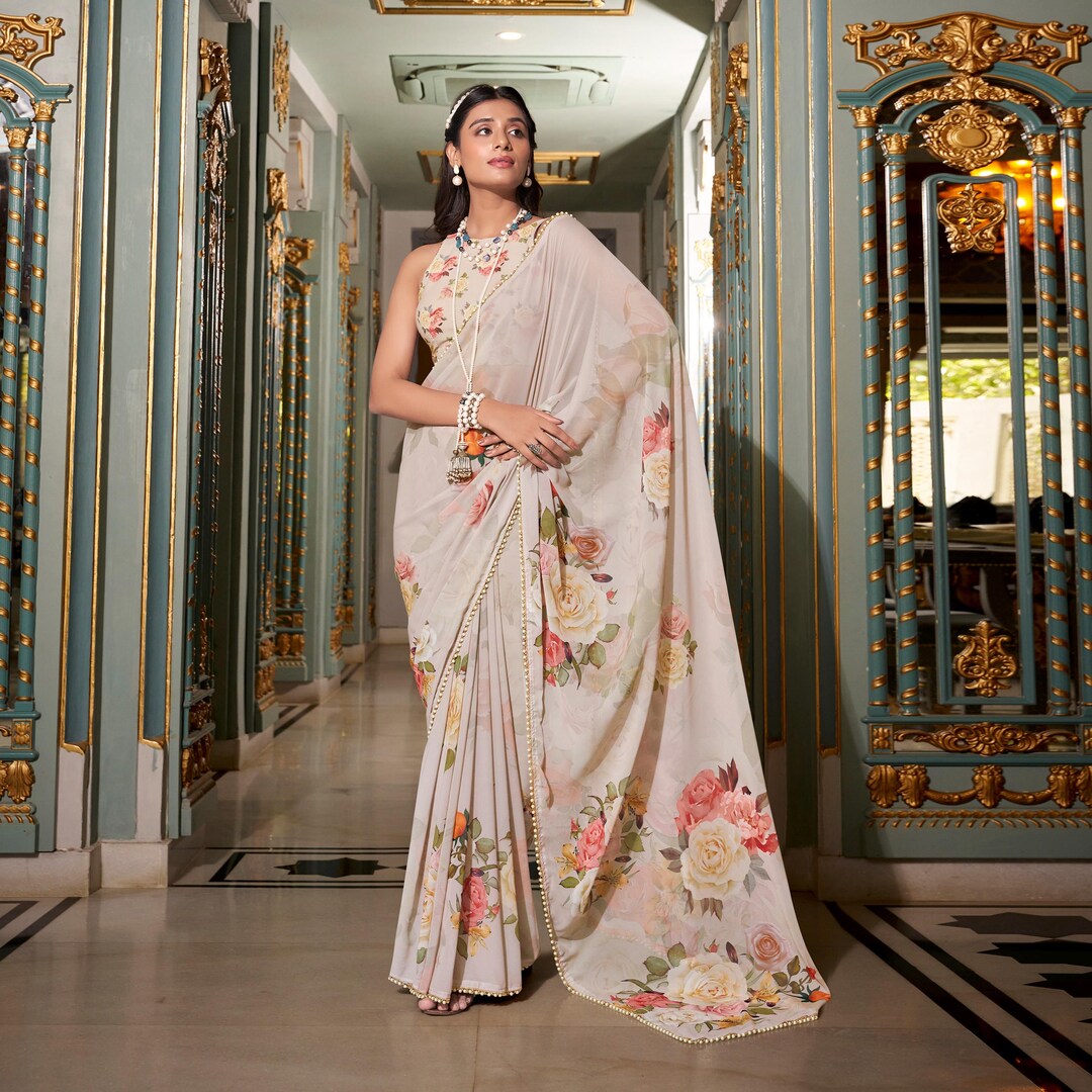 70s Wedding Dress: Off-white Floral Georgette Saree Set With Pearl Lace ...