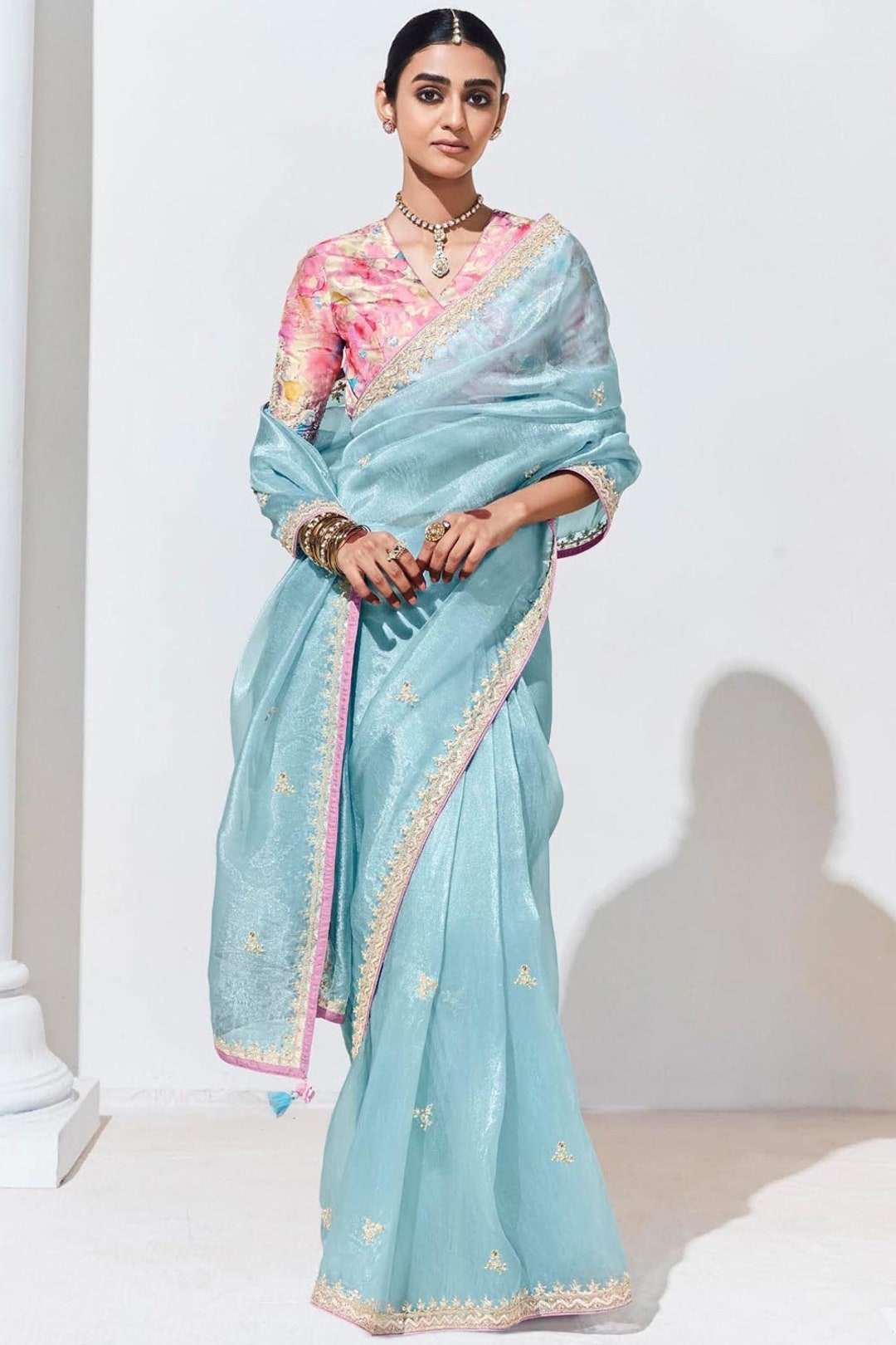 Luxurious Embroidered Fancy Saree With Digital Print Blouse -sky Blue ...