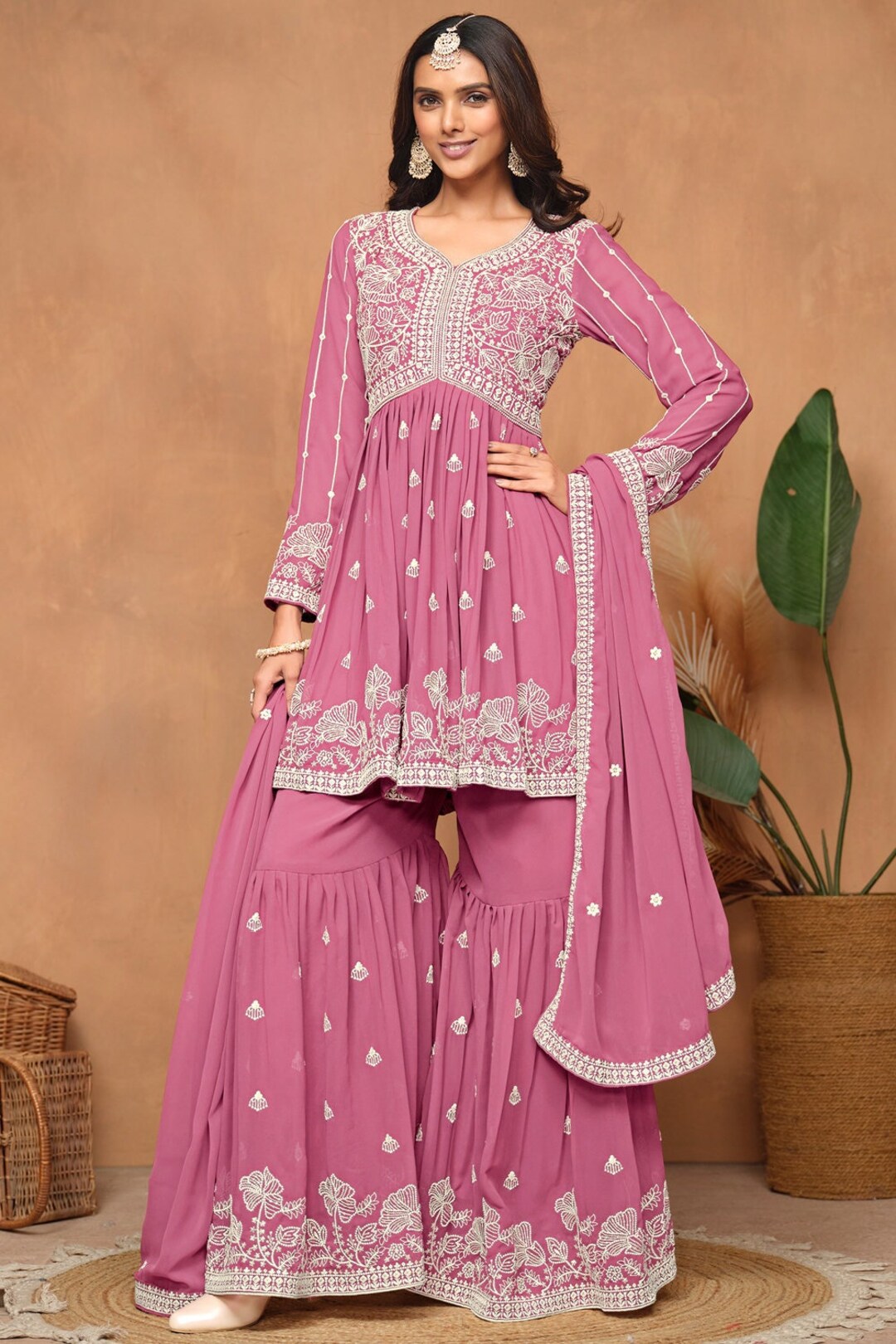 Beautiful Faux Georgette Sharara Suit With Comfortable Santool Inner ...