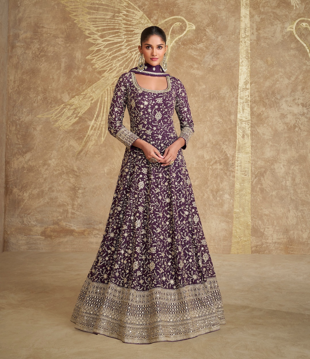 Embroidered Georgette Long Gown With Dupatta - Deep Purple Party Wear ...