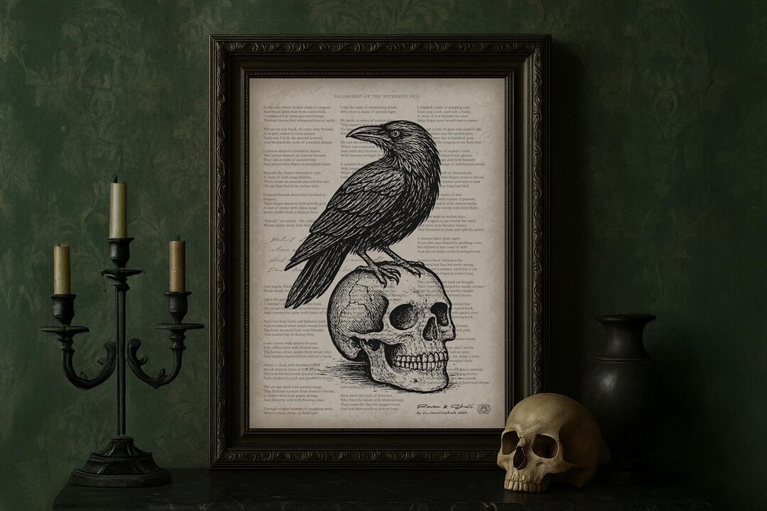 Raven and Skull Parchment Poem Gothic Wall Art Print | Dark Academia ...