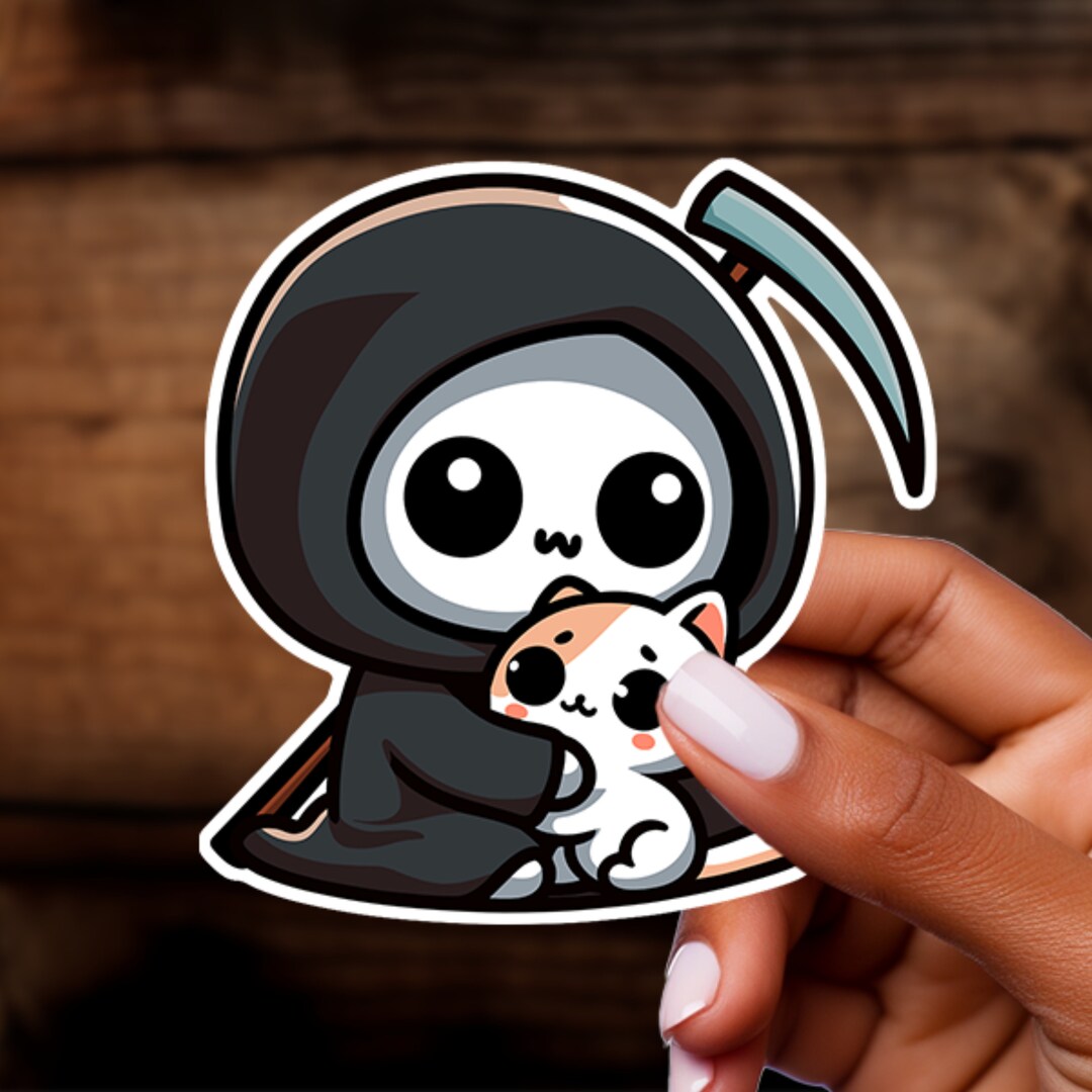 The Grim Reaper Cuddles Cat Stickers : Funny Halloween Cat Stickers for ...