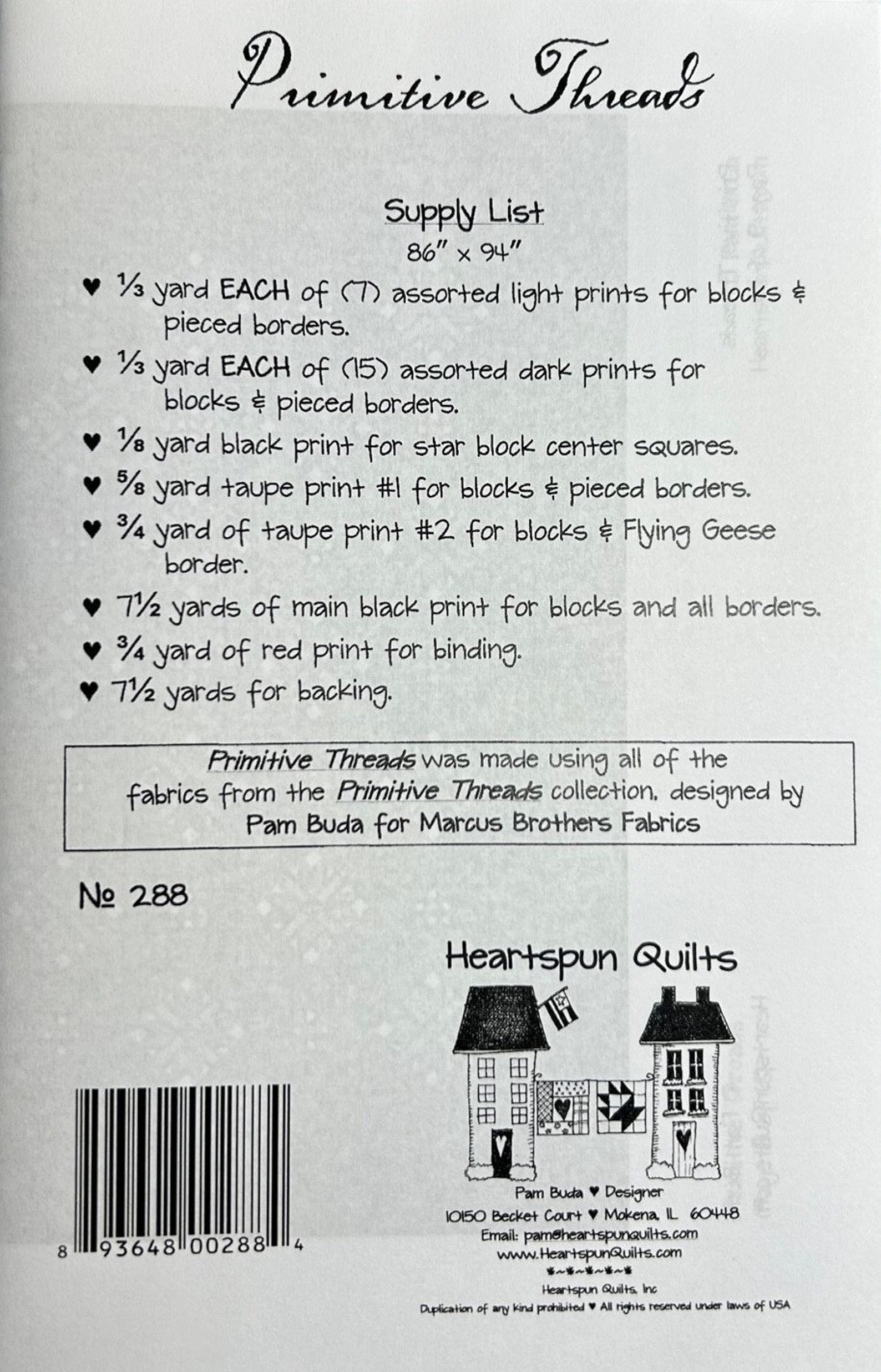 Primitive Threads by Pam Buda for Heartspun Quilts; 86" X 94"; Printed ...