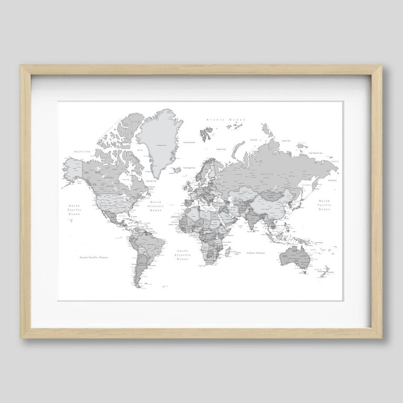 Grayscale World Map - Etsy