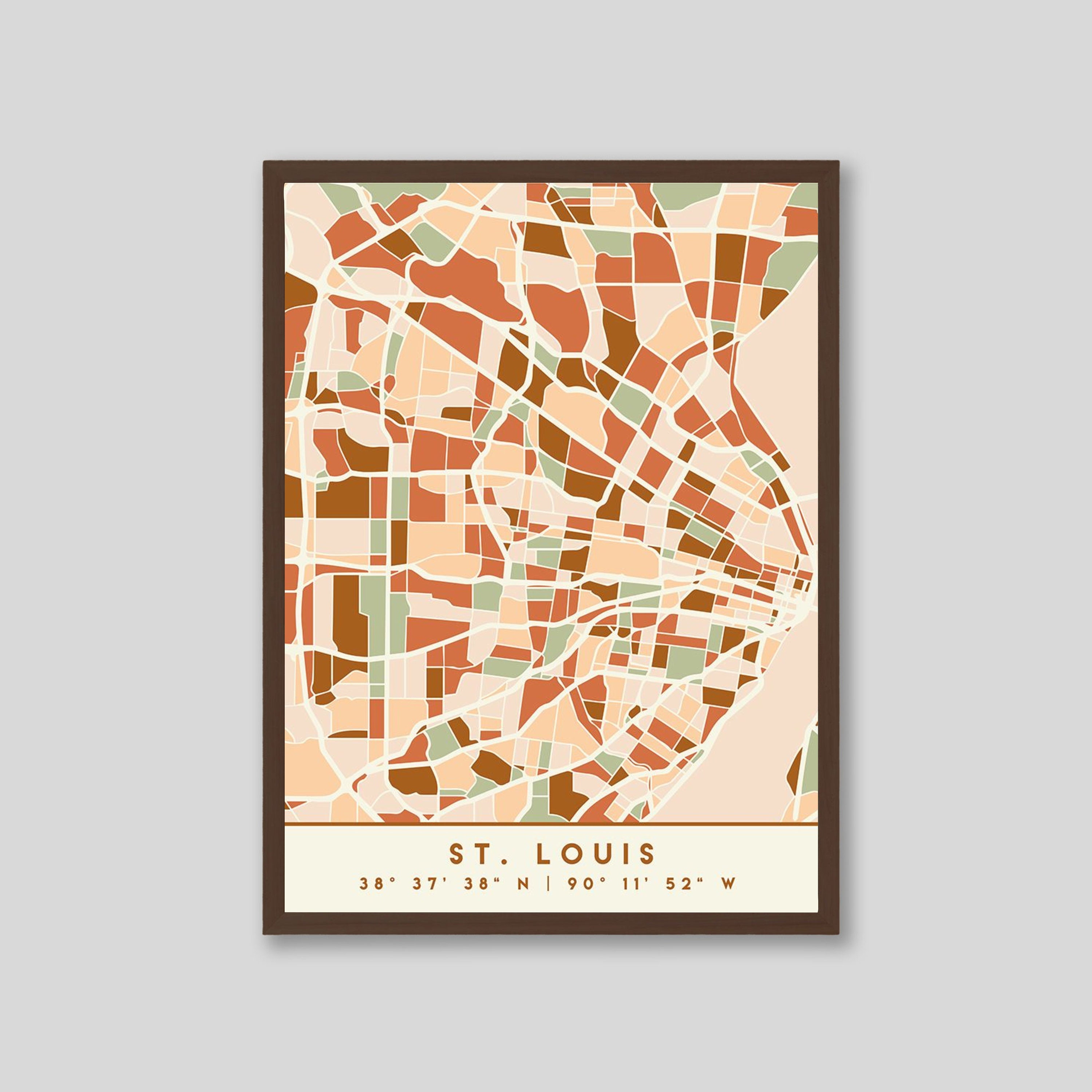 St Louis City Map With Coordinates Wall Print, Earth Tones USA City Map ...