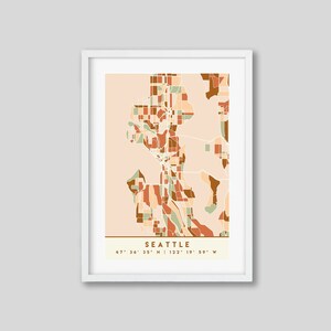 Seattle City Map With Coordinates Wall Print, Earth Tones City Map Wall ...