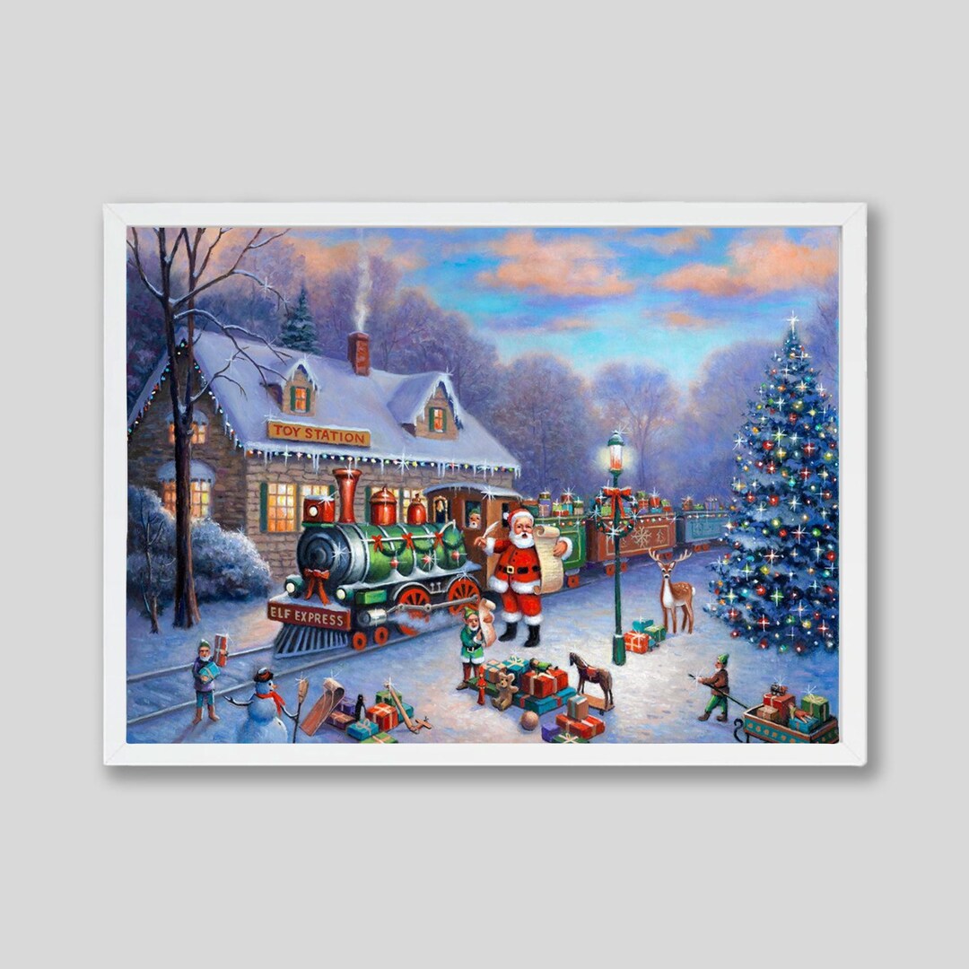 Santa Train Station Art Print, Colorful Christmas Home Decor - Etsy