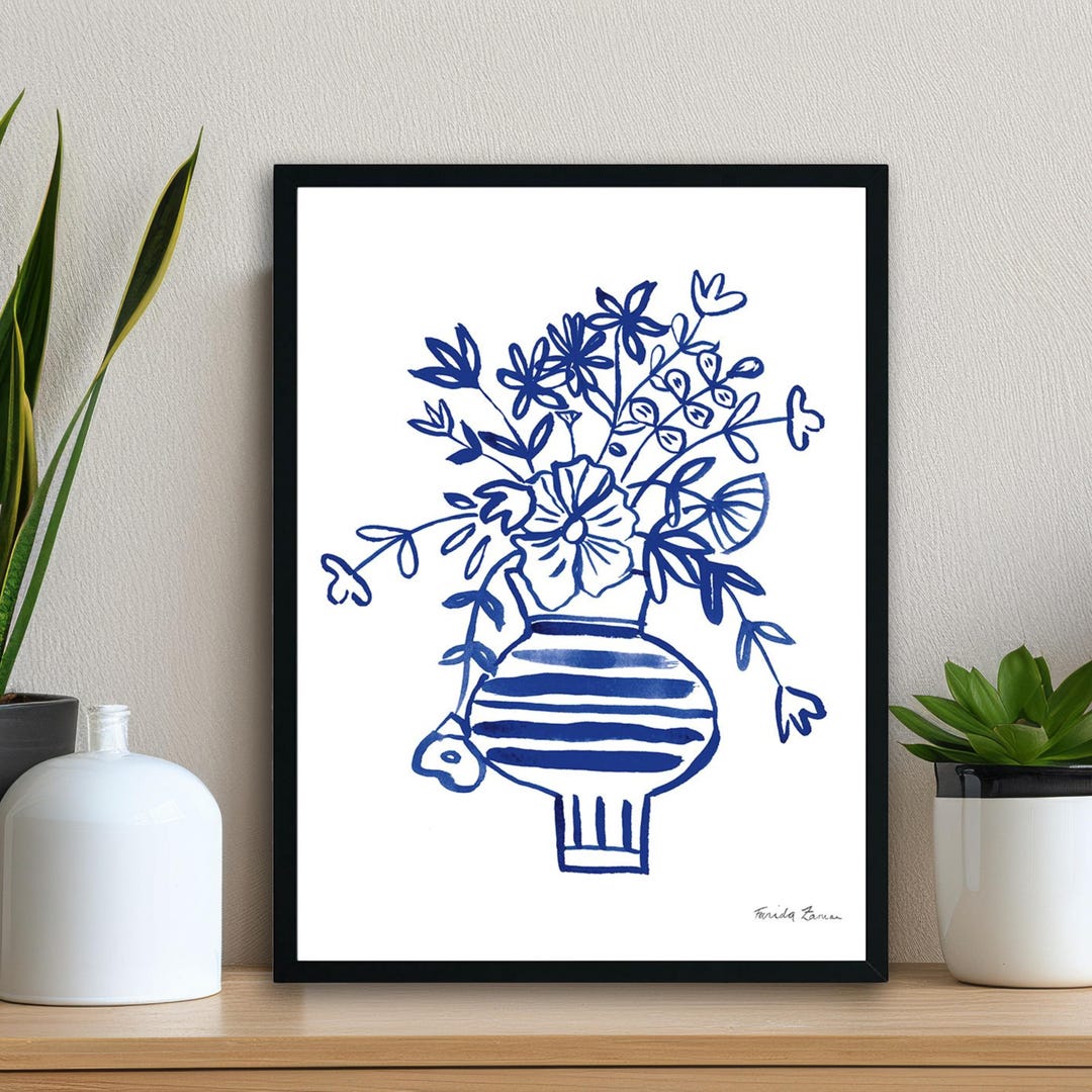 Blue Flower Bouquet Line Art Print: Bohemian Vase Wall Decor - Etsy