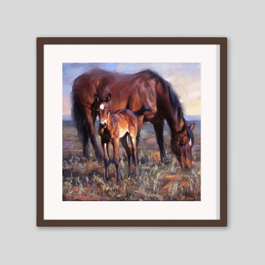 Mare and Foal Brown Horse in a Country Field Painting Print, Cute ...
