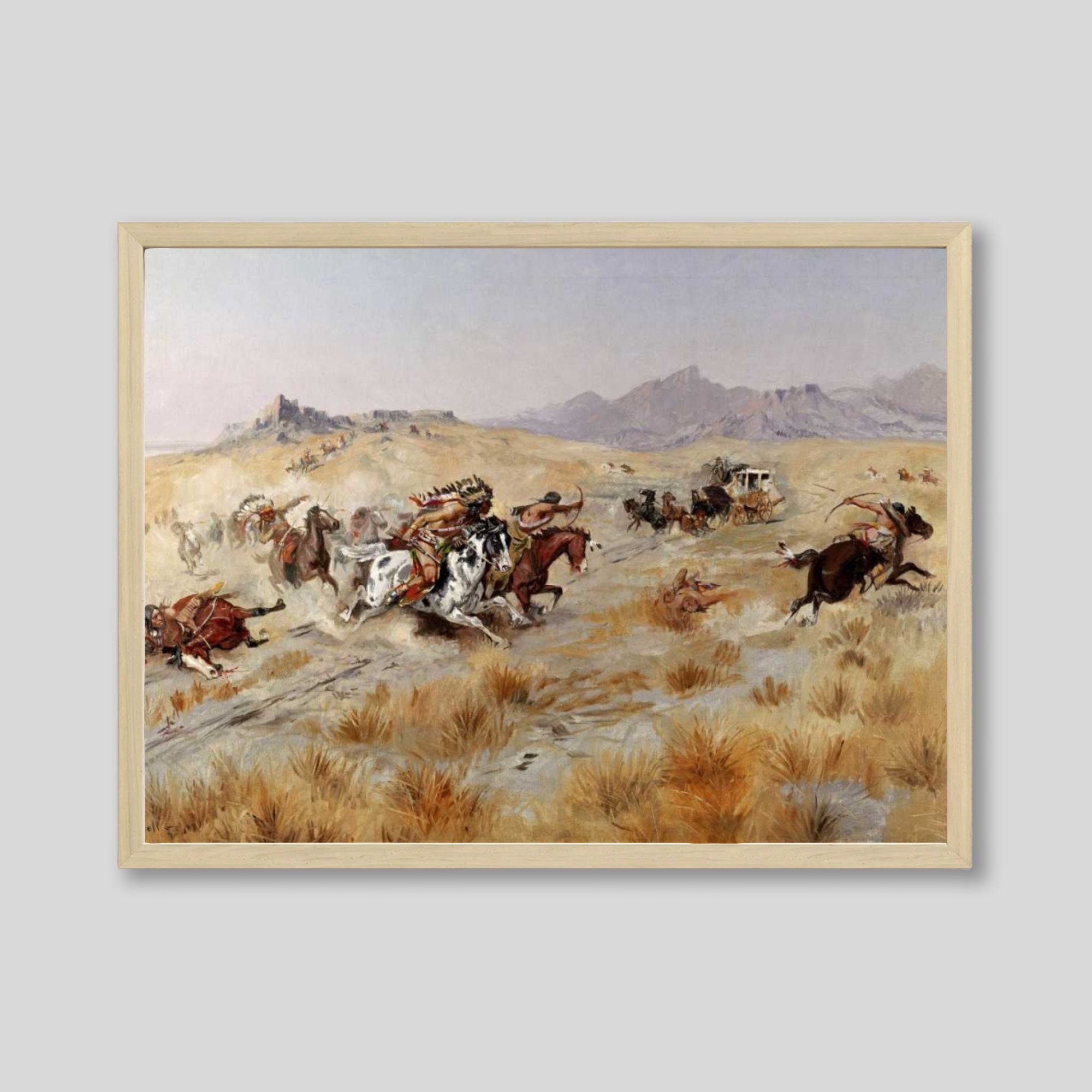 Painting of Native American Attack on Prairie Landscape, American Old ...
