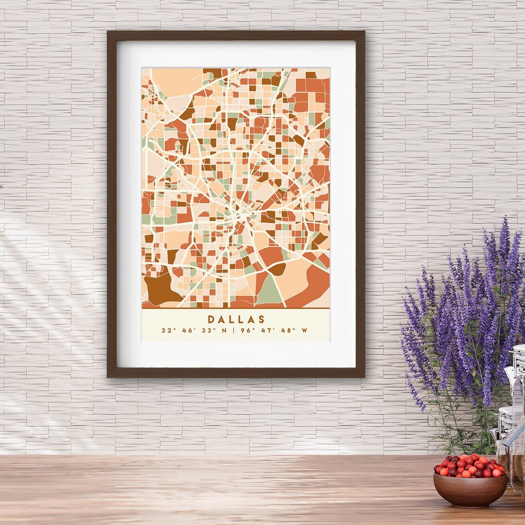 Dallas City Map With Coordinates Wall Print, Earth Tones City Map Wall ...