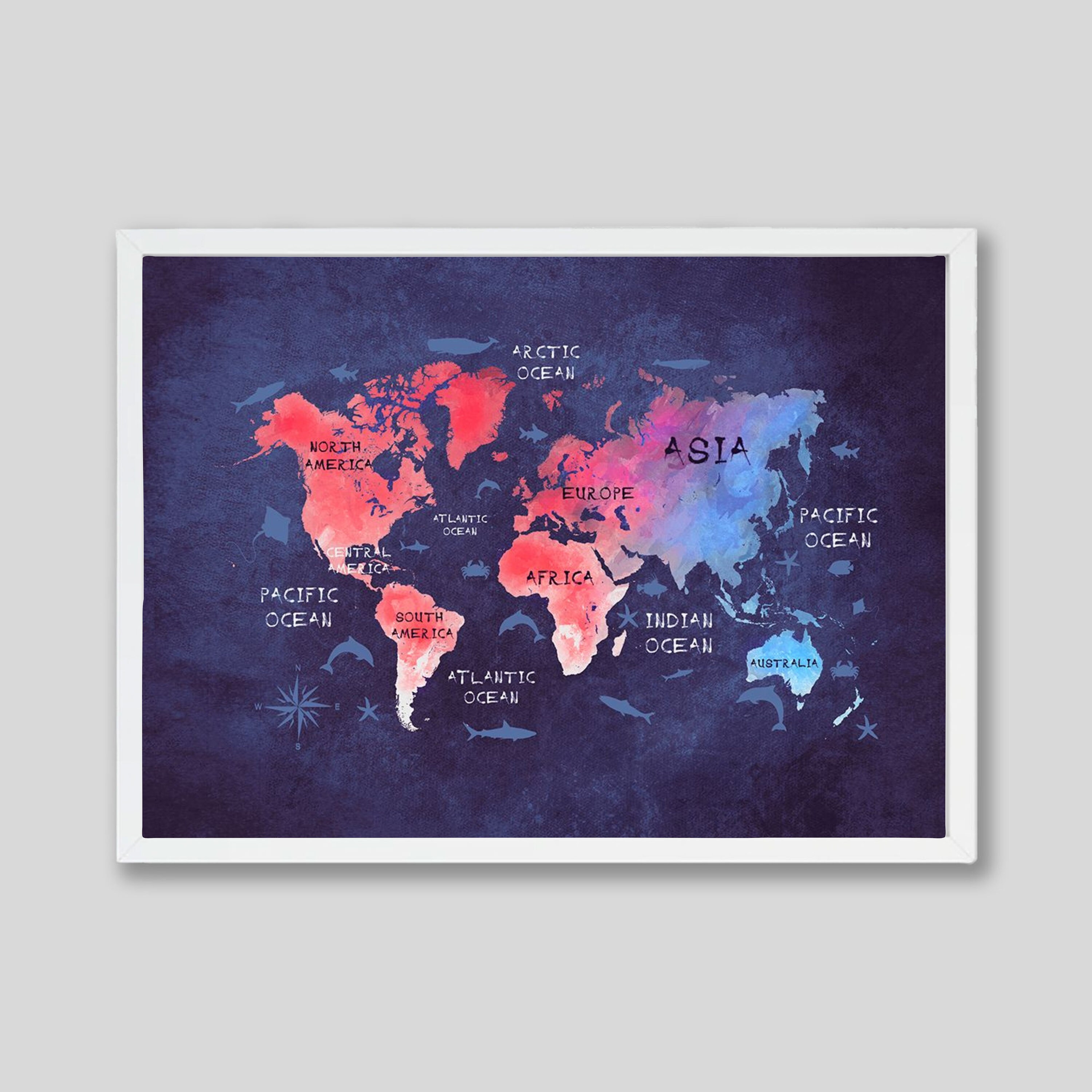 Modern World Map of Continents and Oceans Classroom Wall Poster Print ...