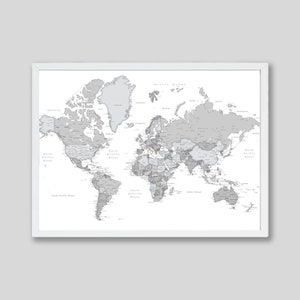 Gray World Map Detailed Grayscale World Atlas Wall Print - Etsy
