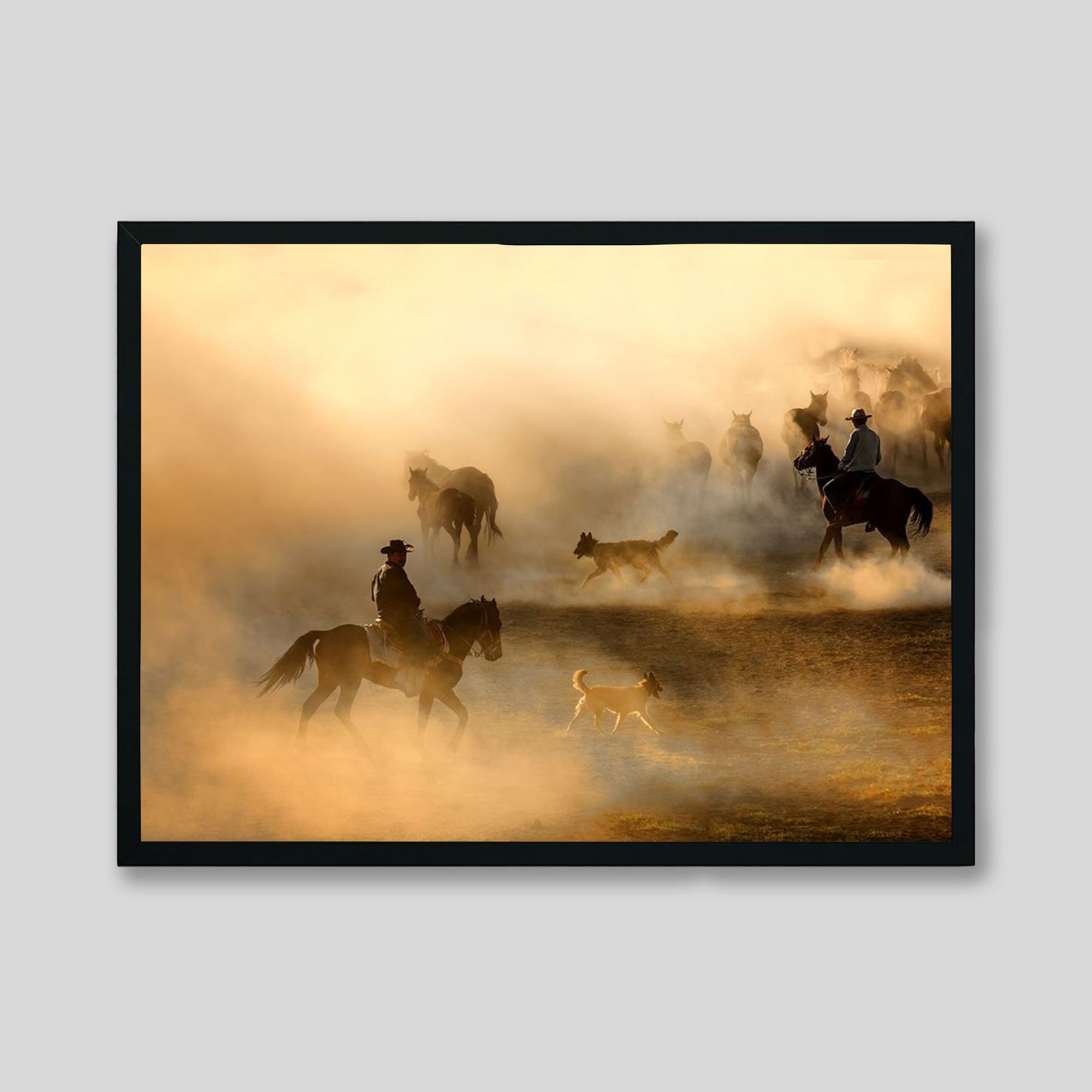 Cowboy Ranch Workers and Wild Horses at Dusk, American Western Style ...