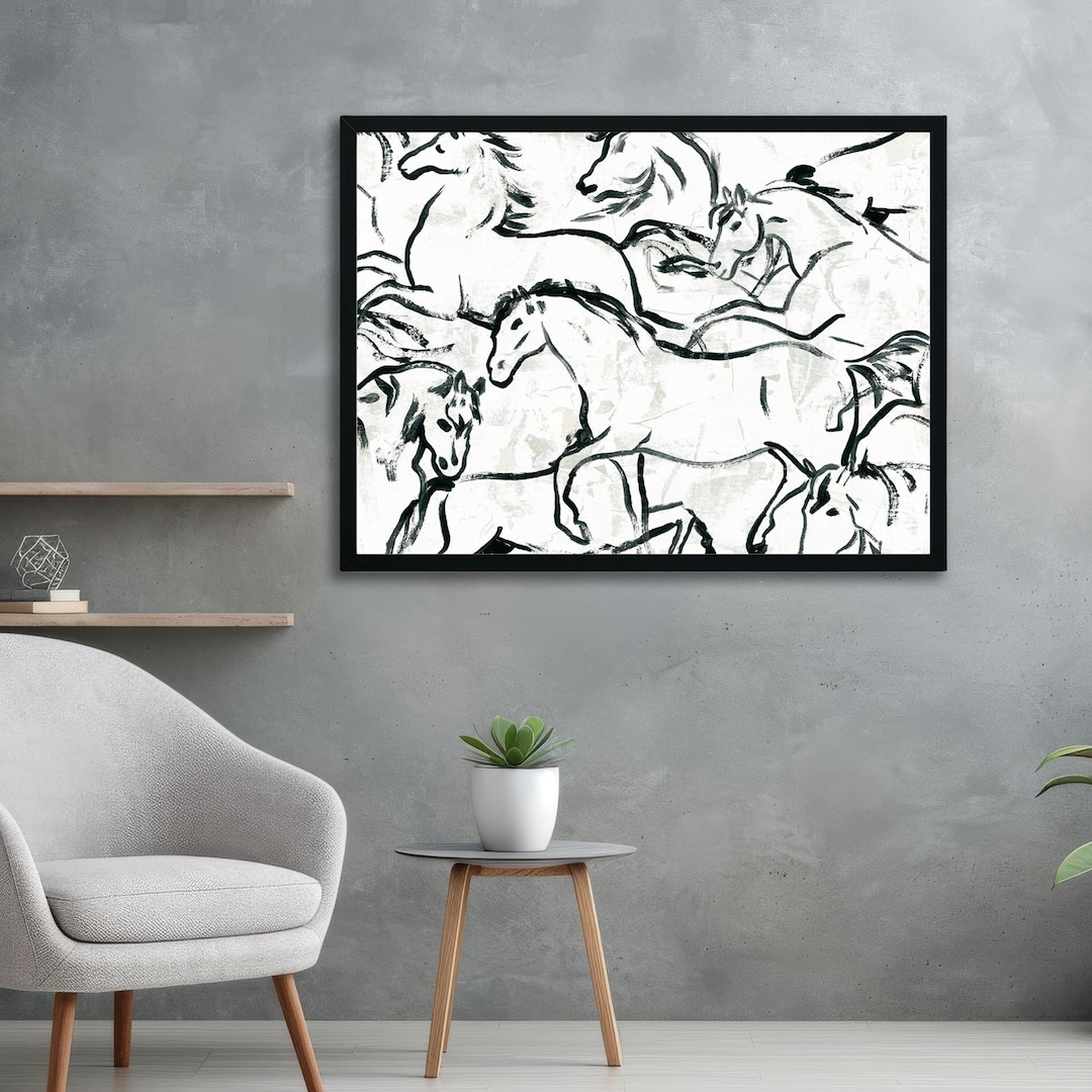 Wild Horse Herd Line Art Drawing Print, Western Ranch Style Home Decor ...