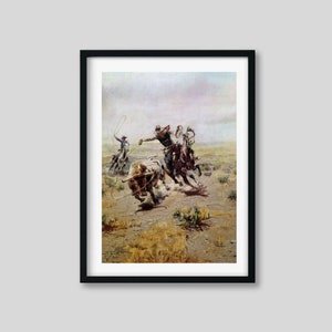 Vintage Cowboy Roping A Steer Art Print, Western Wall Art, Horse Rider ...