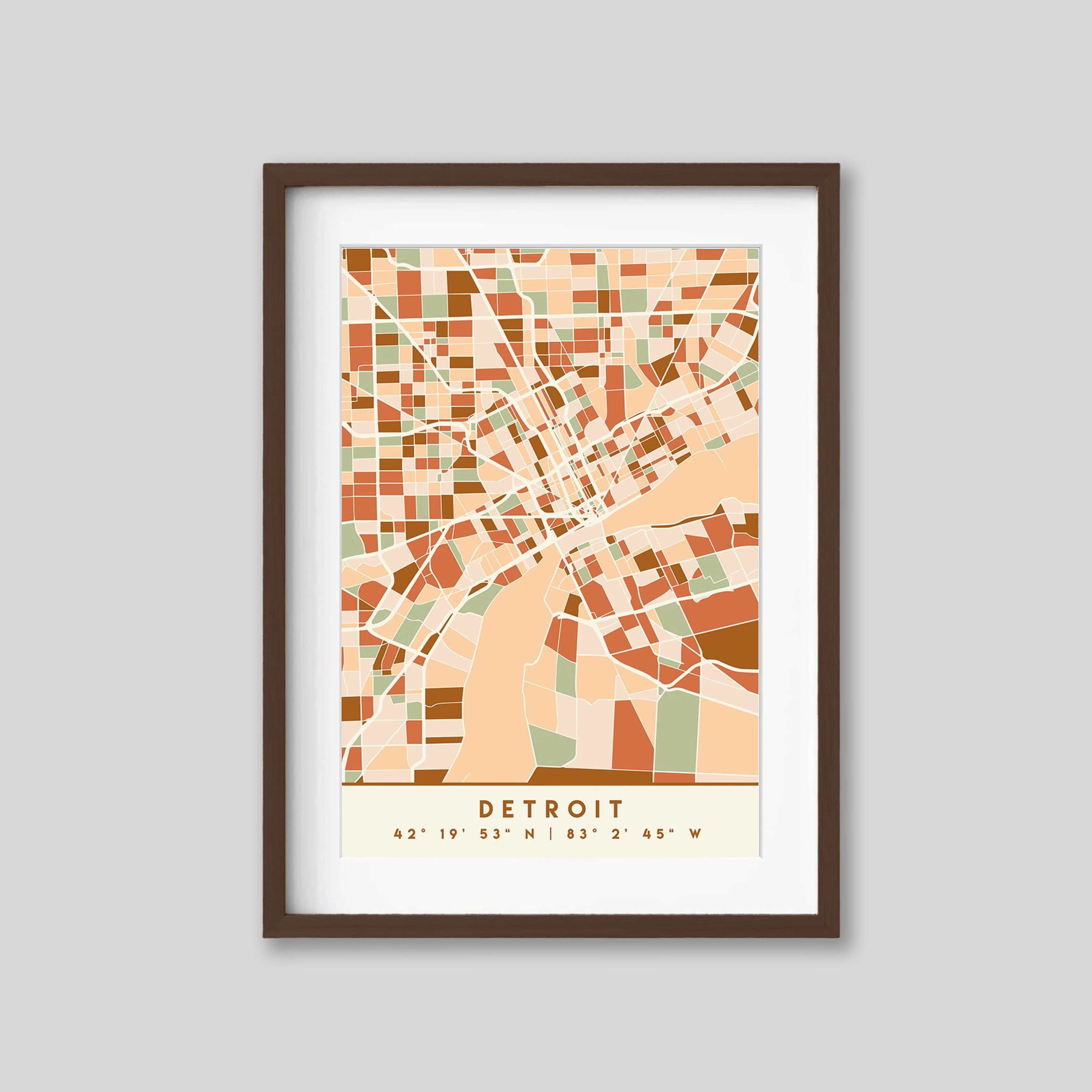 Detroit City Map With Coordinates Wall Print, Earth Tones City Map Wall ...