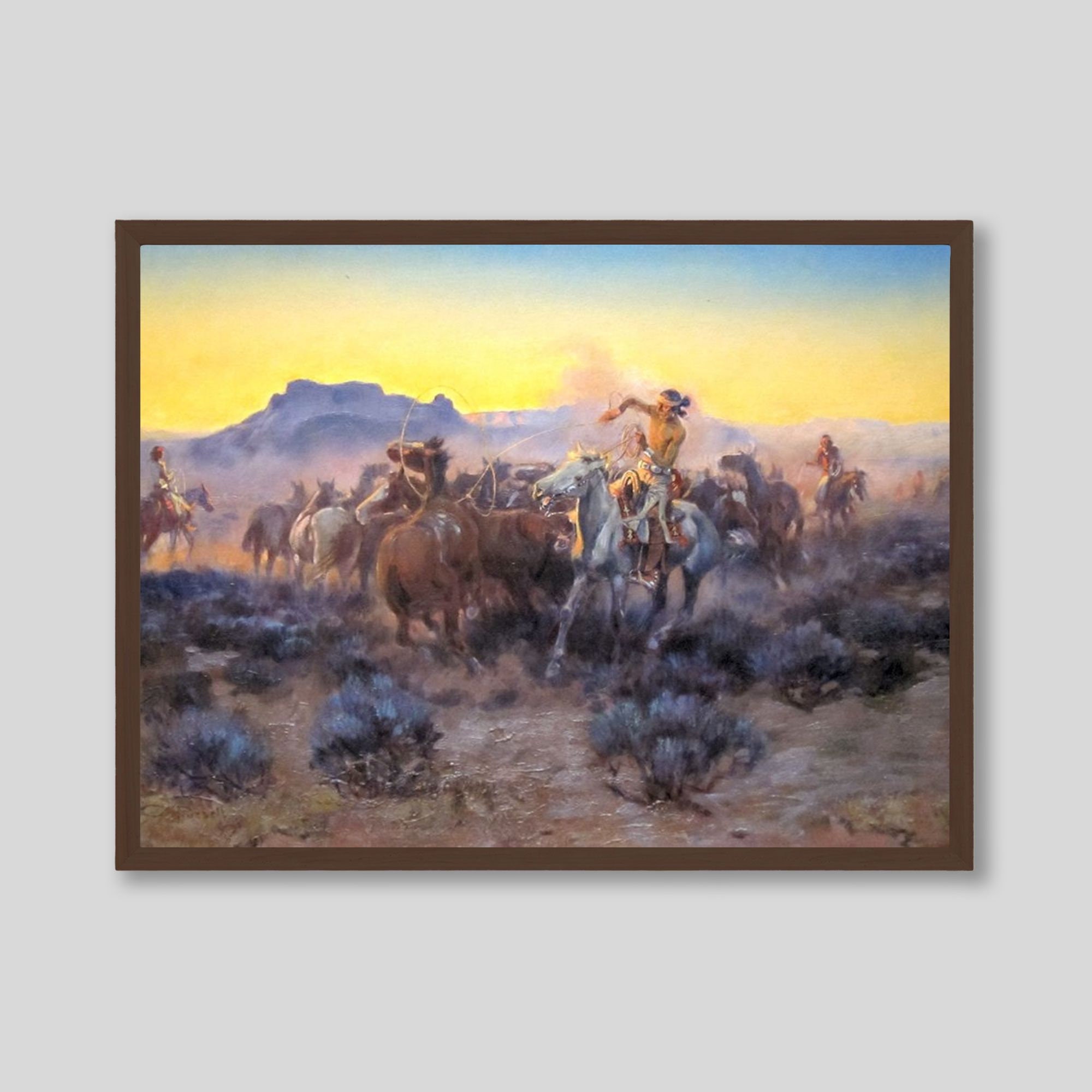 Wild West Native Americans Roping Wild Horses Action Painting Print ...