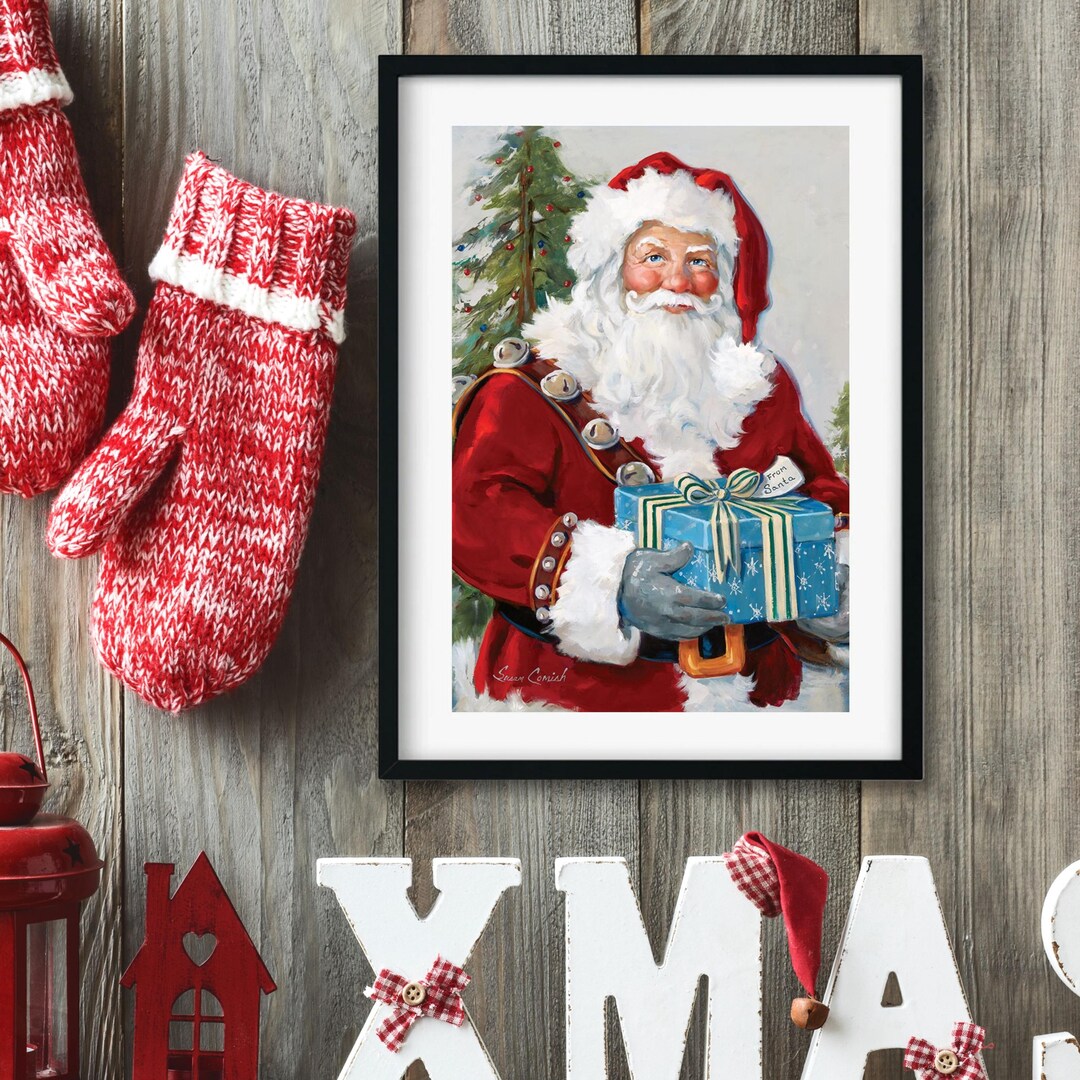 Santa Claus Bearing Gifts Portrait Art Print, Christmas Holiday Artwork ...