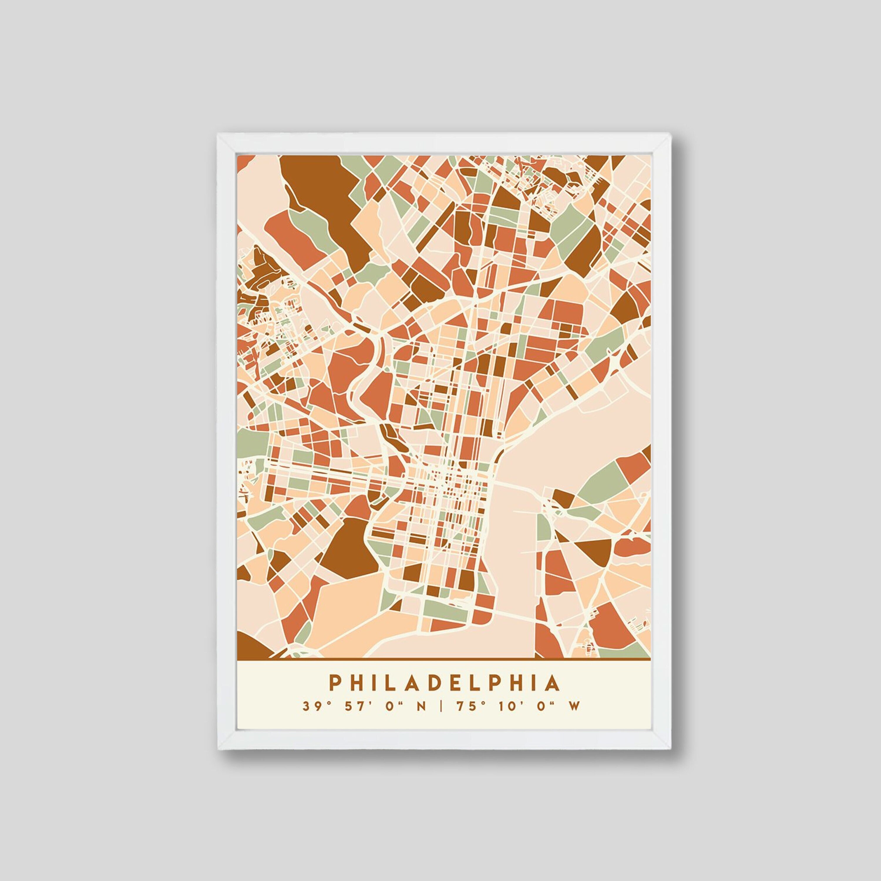 Philadelphia City Map With Coordinates Wall Print, Earth Tones City Map ...