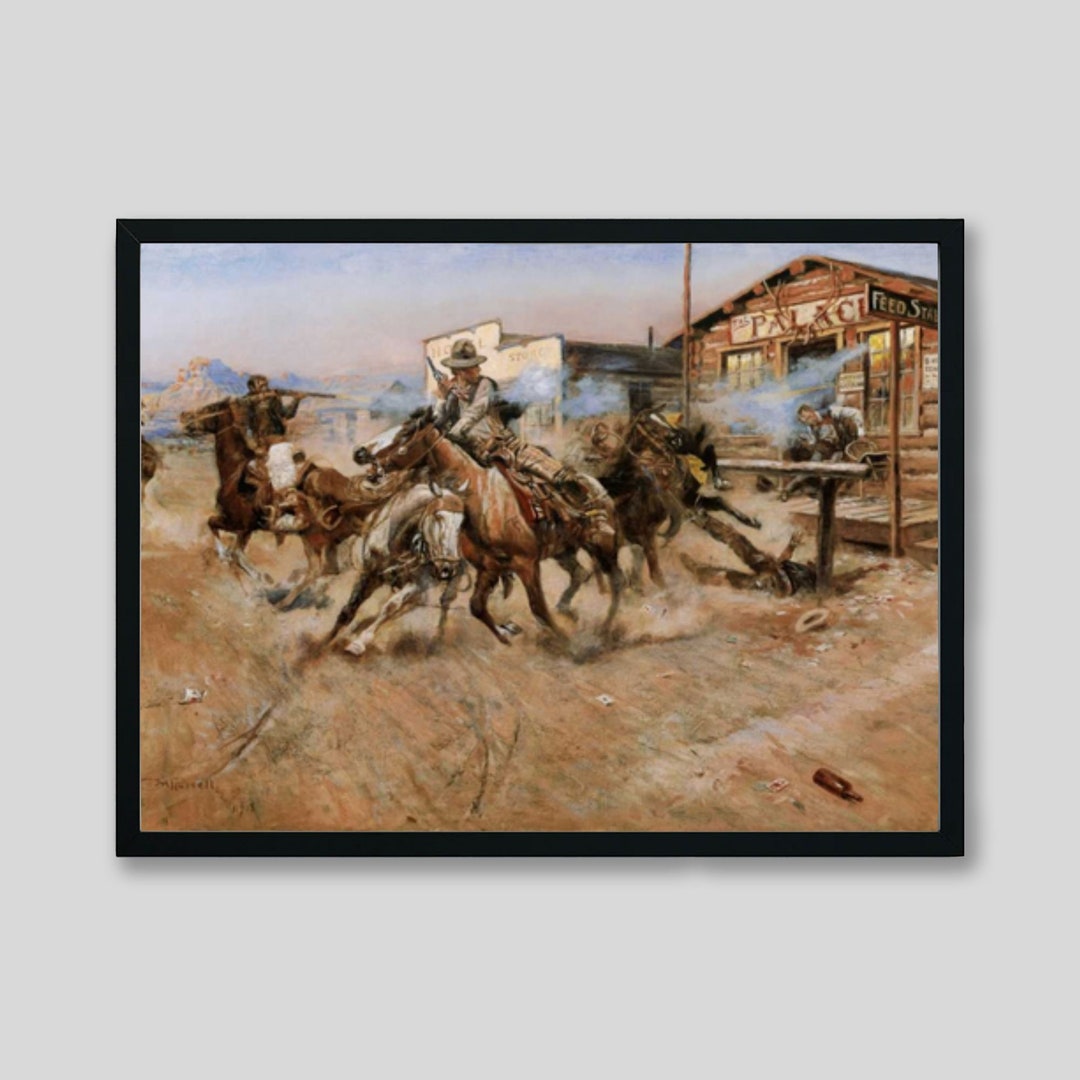 Western Cowboy Gunfight Scene Painting Print, Ranch Style Artwork Horse ...
