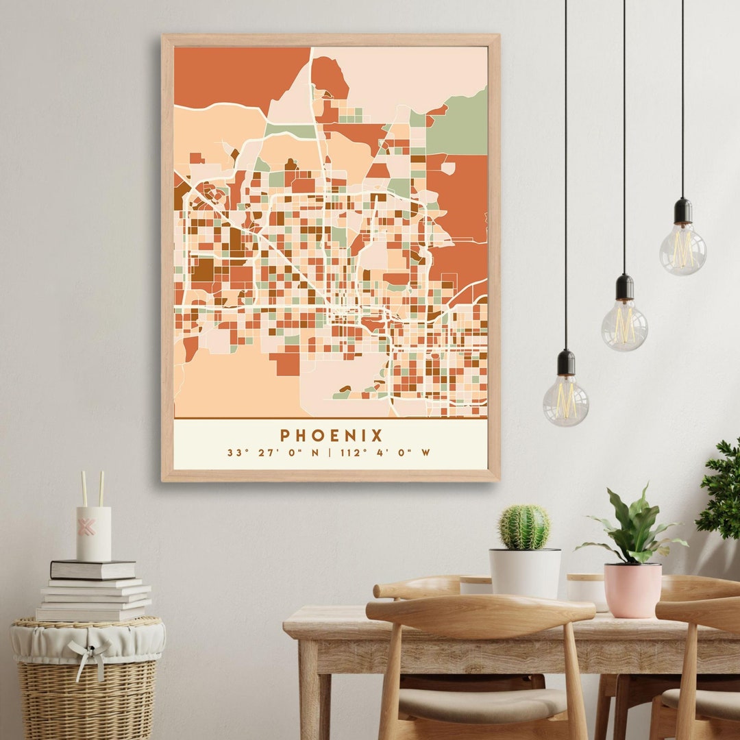 Phoenix City Map With Coordinates Wall Print, Earth Tones USA City Map ...