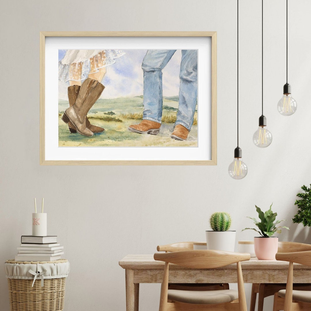 Western Couple Watercolor Illustration Painting Print, Cowboy Boots ...