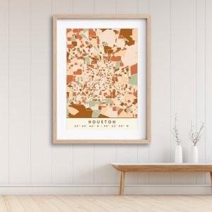 Houston City Map With Coordinates Wall Print, Earth Tones USA City Map ...