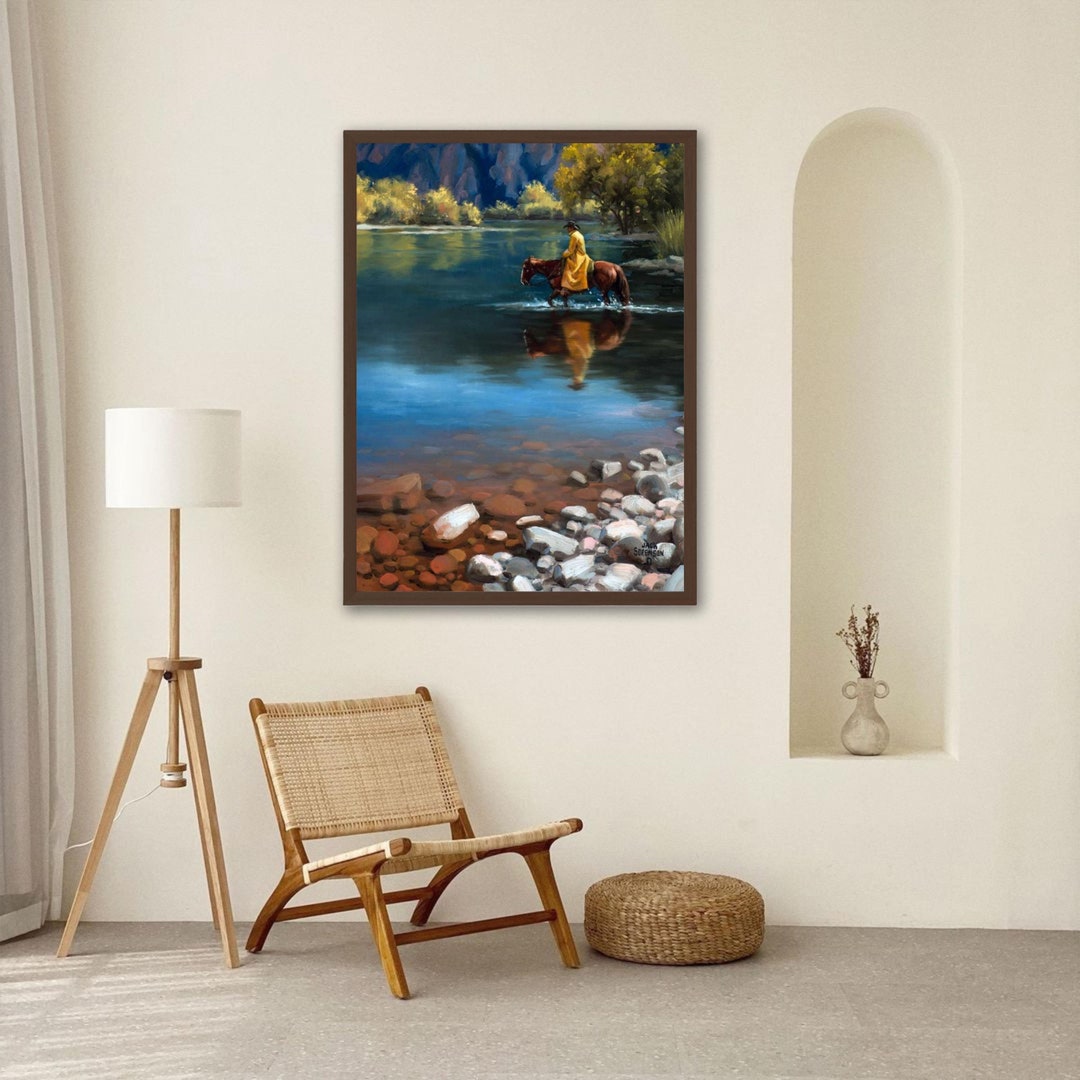 Horse and Cowboy River Crossing Western Painting Print, Country Scenic ...