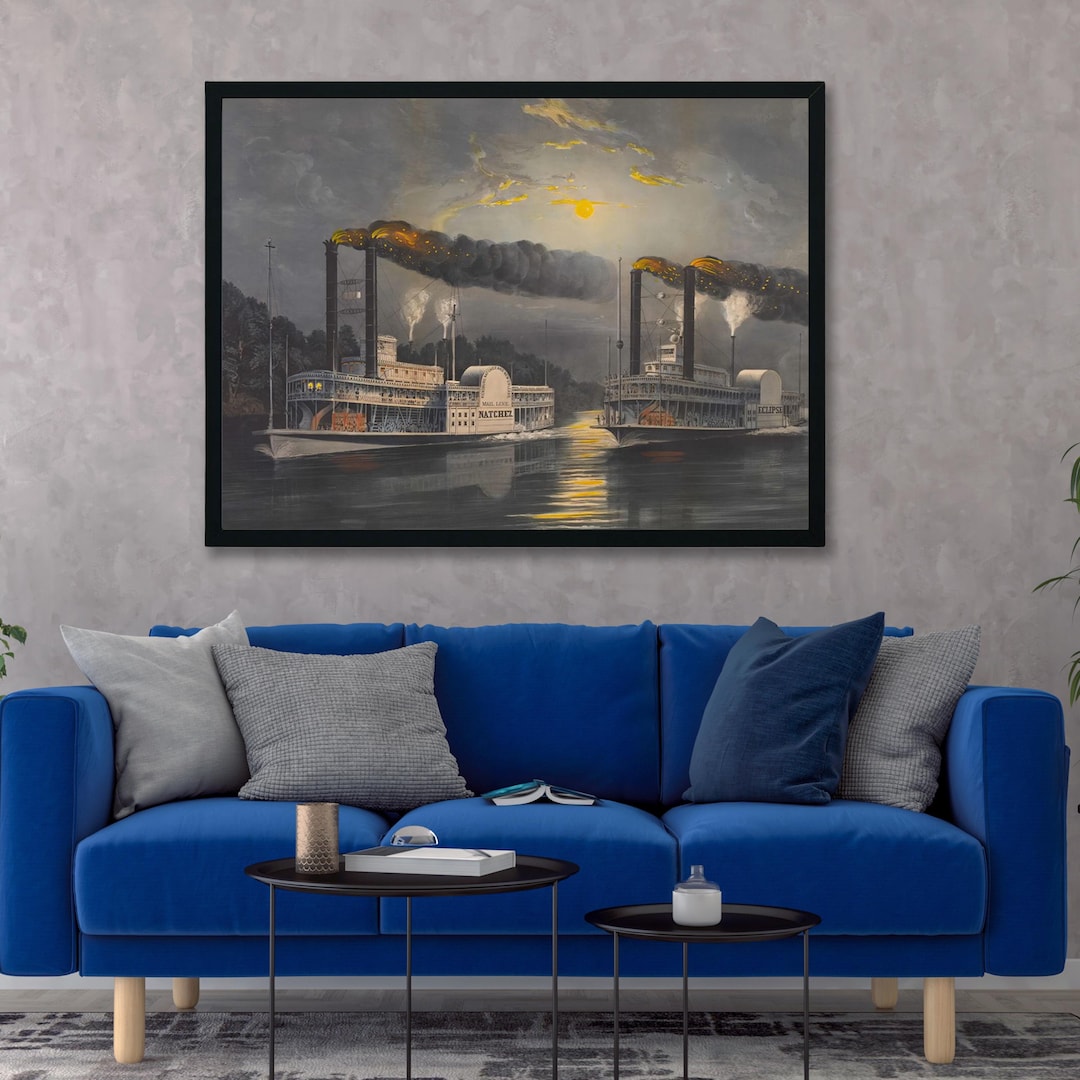 Mississippi River Steamboats at Night Currier and Ives Painting Print ...