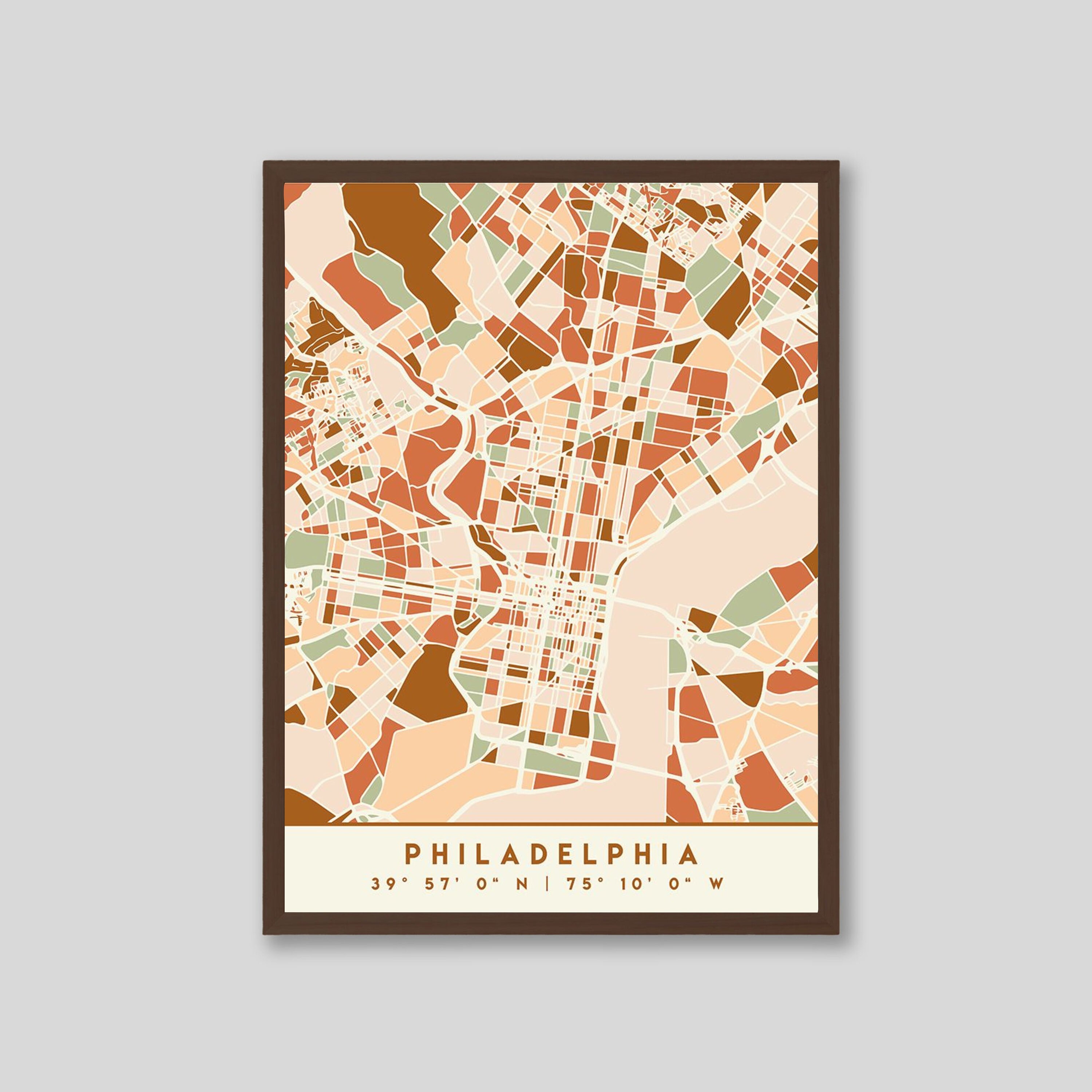 Philadelphia City Map With Coordinates Wall Print, Earth Tones City Map ...