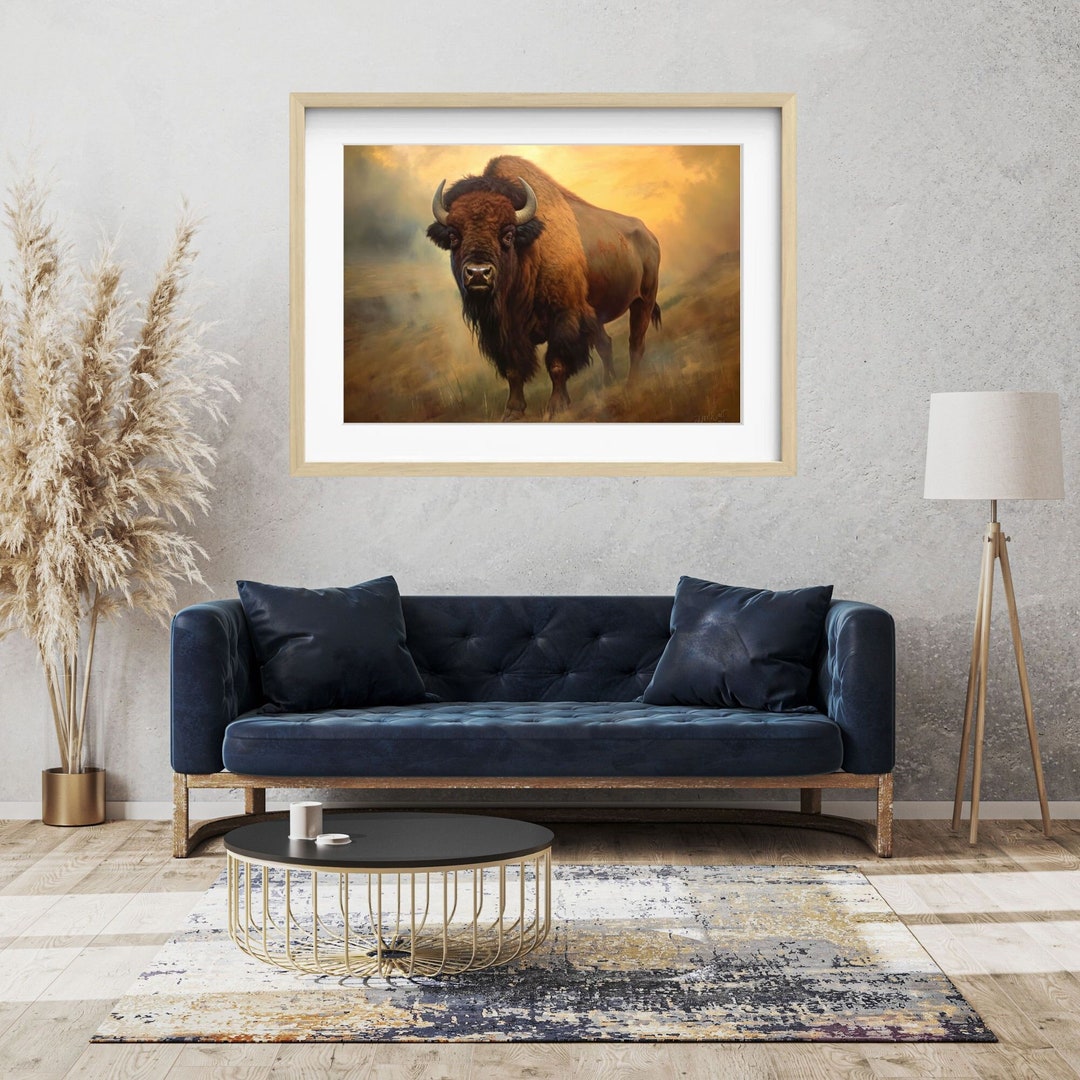 Buffalo Portrait Painting Print, Gold Nature Art Rustic Style Wall Art ...