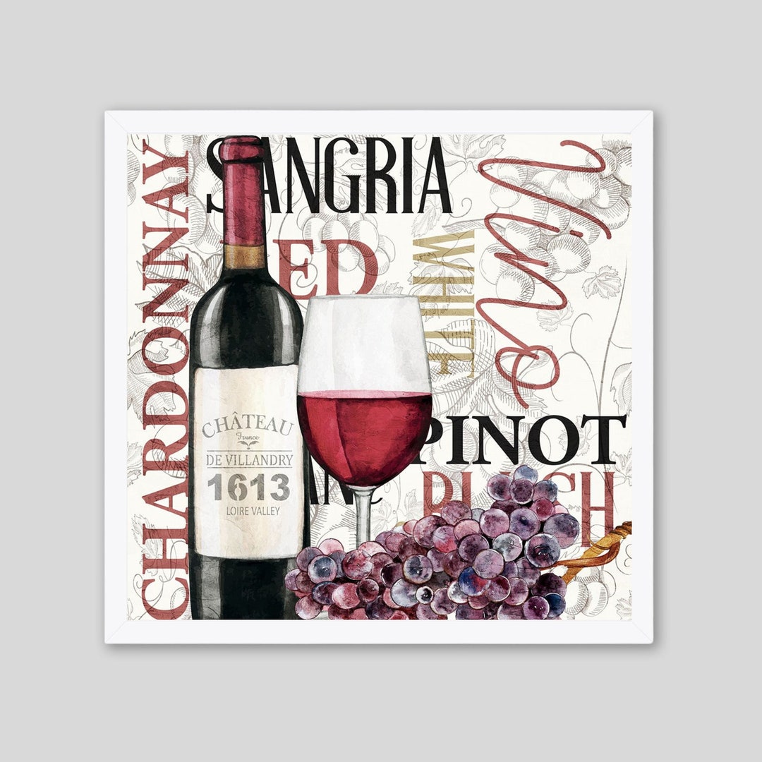 Red Wine Bottle and Grapes Illustration Print, Wine Themed Graphic Art ...
