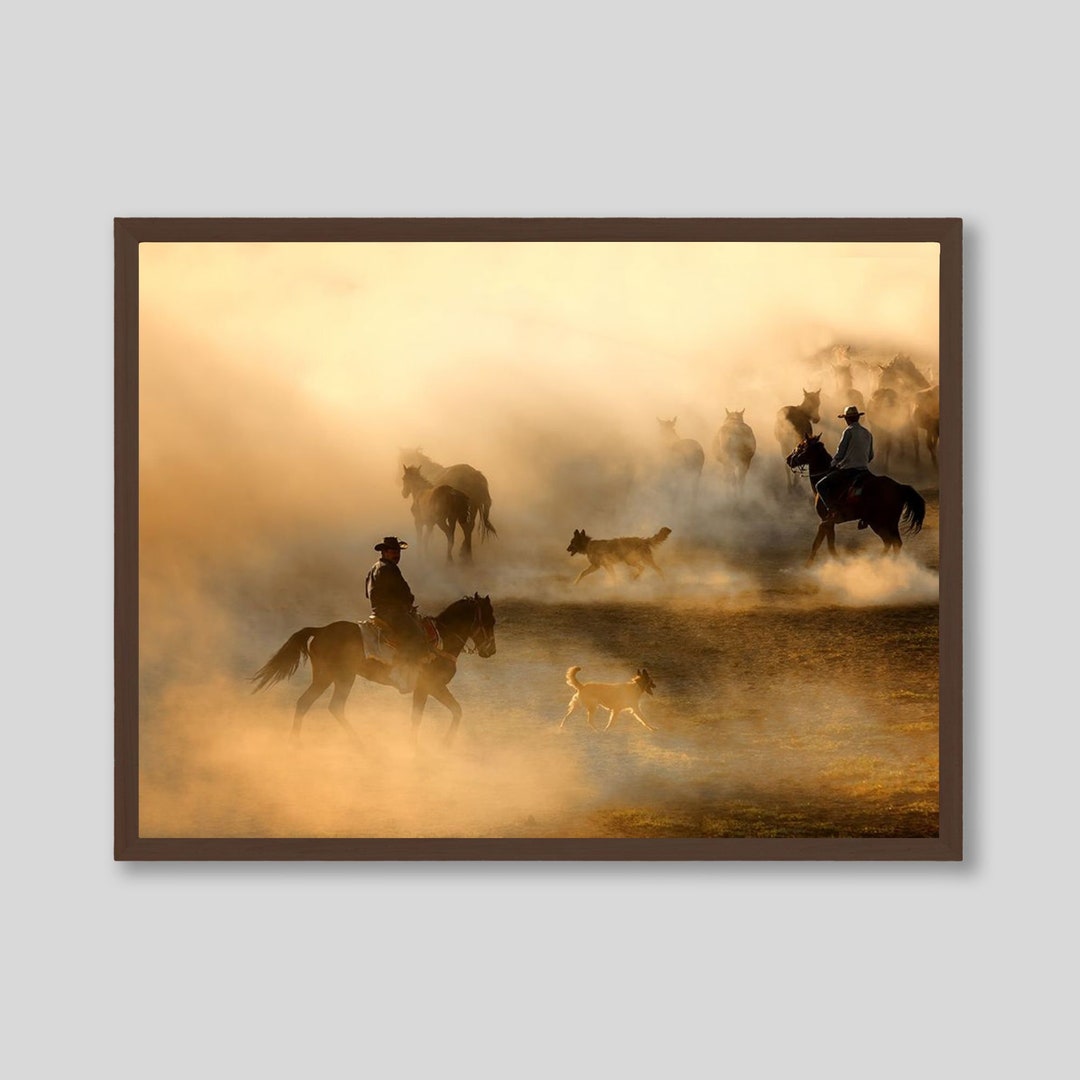 Cowboy Ranch Workers and Wild Horses at Dusk, American Western Style ...