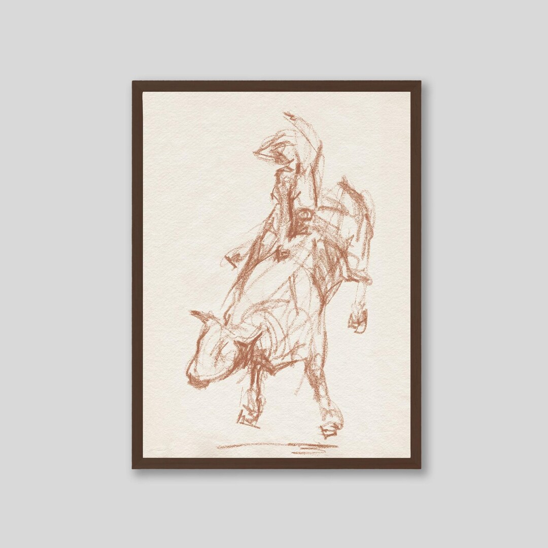 Rodeo Bull Rider Rough Sketch Art Print, Western Room Decor Print or ...