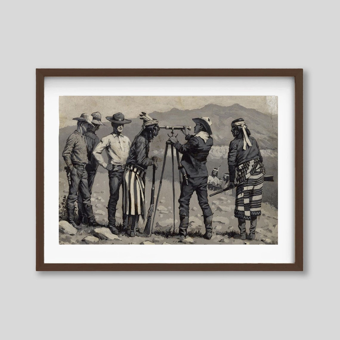 Cowboys and Native Americans Looking Through a Telescope Old West Scene ...