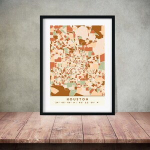 Houston City Map With Coordinates Wall Print, Earth Tones USA City Map ...