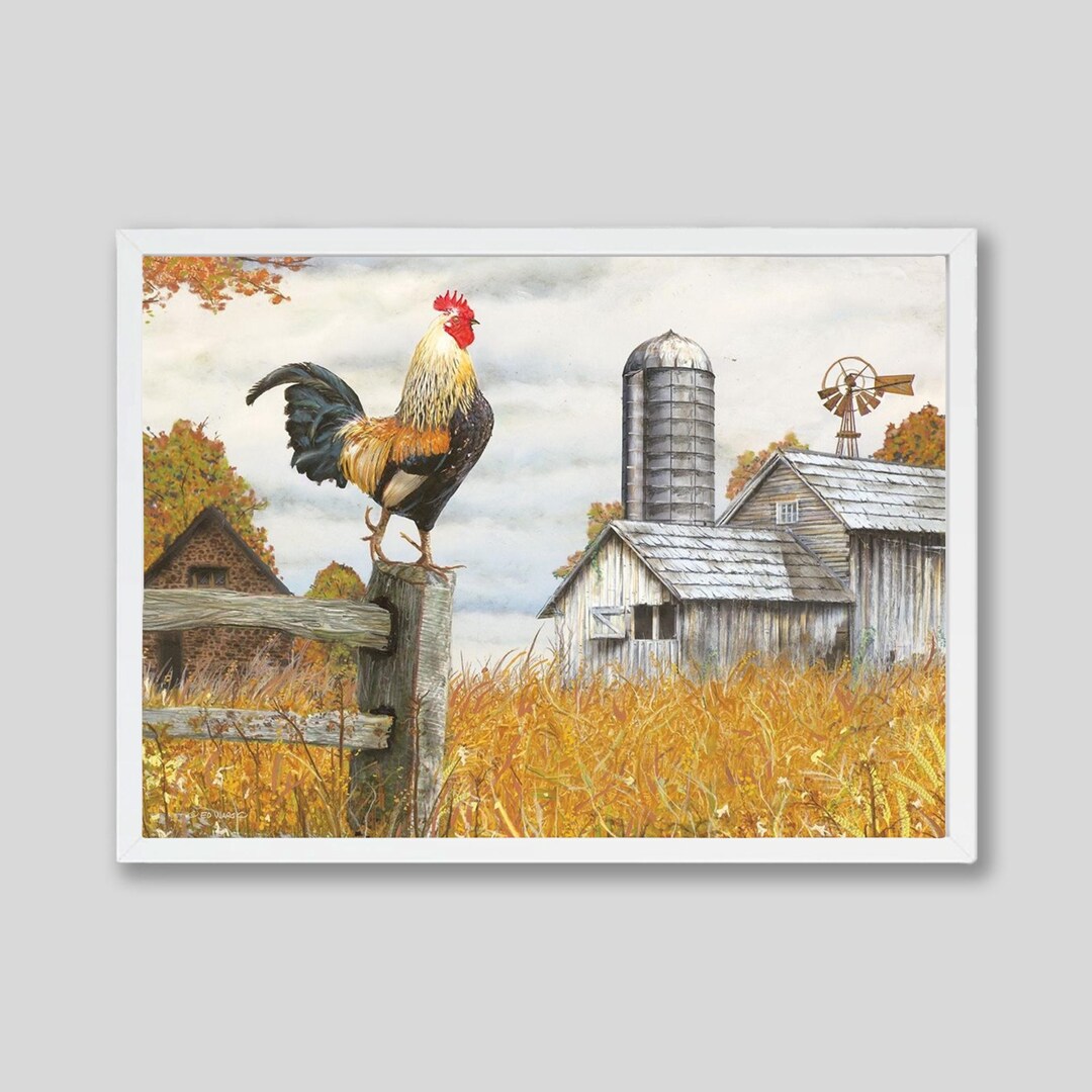 Farmyard Rooster Fall Country Painting: Rustic Farm Life Art Print - Etsy