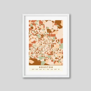 Houston City Map With Coordinates Wall Print, Earth Tones USA City Map ...
